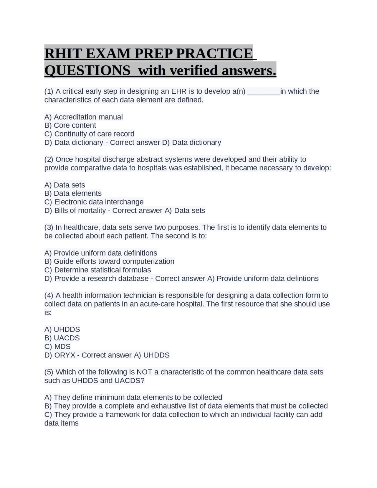 RHIT EXAM PREP PRACTICE QUESTIONS with verified answers. | Exams Advanced Data Analysis | Docsity