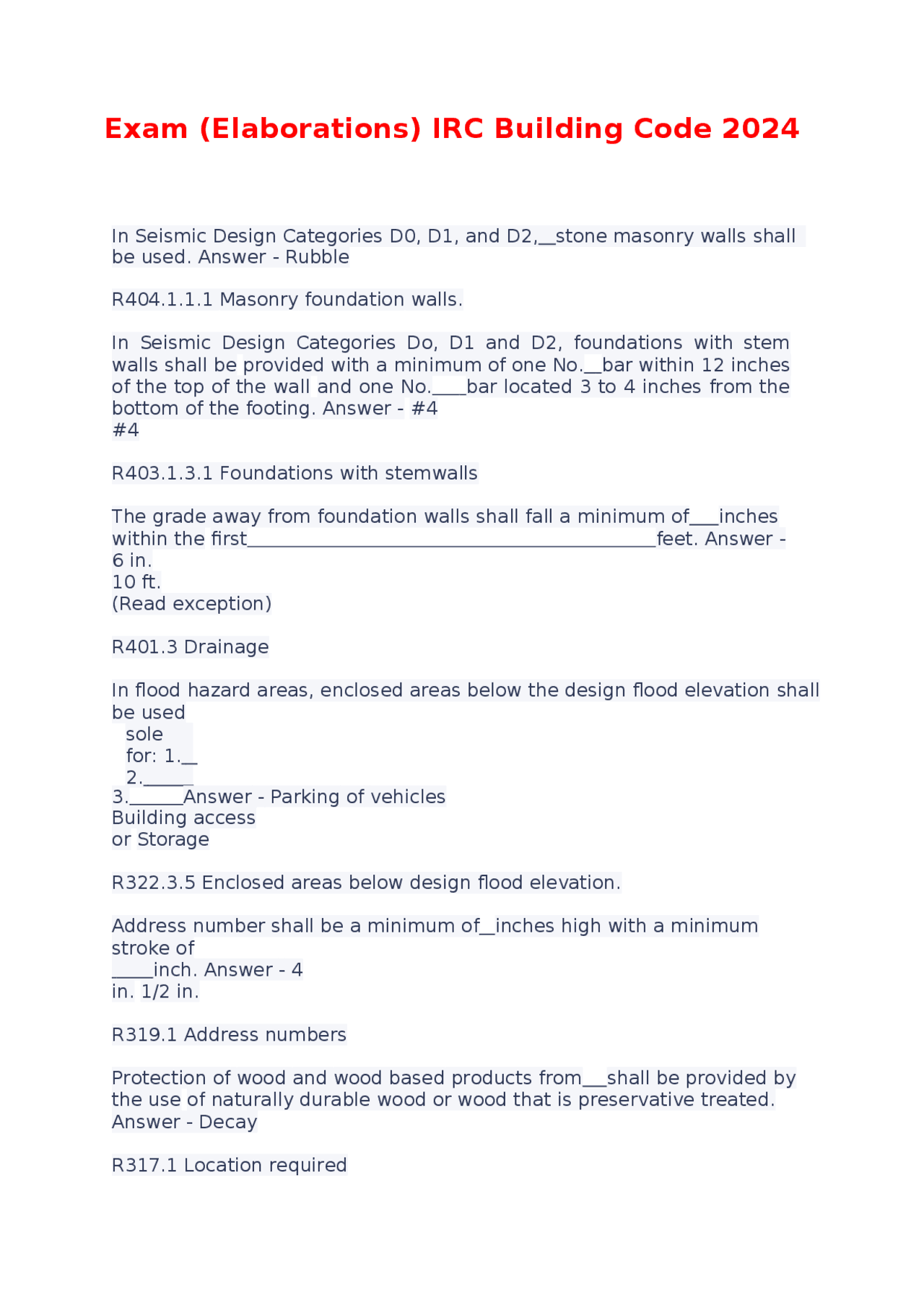 IRC Building Code 2024 Exam Elaborations | Exams Engineering | Docsity