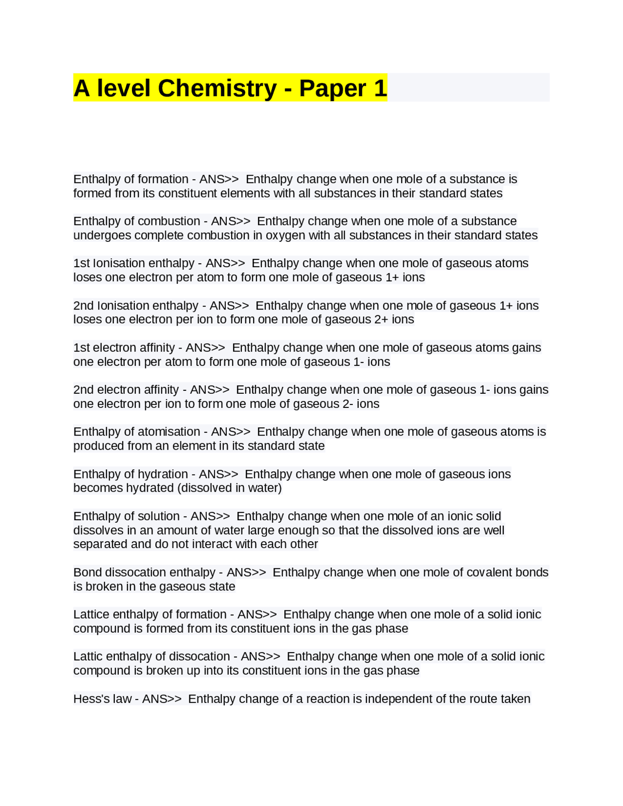 A level Chemistry - Paper 1 | Exams Clinical chemistry | Docsity