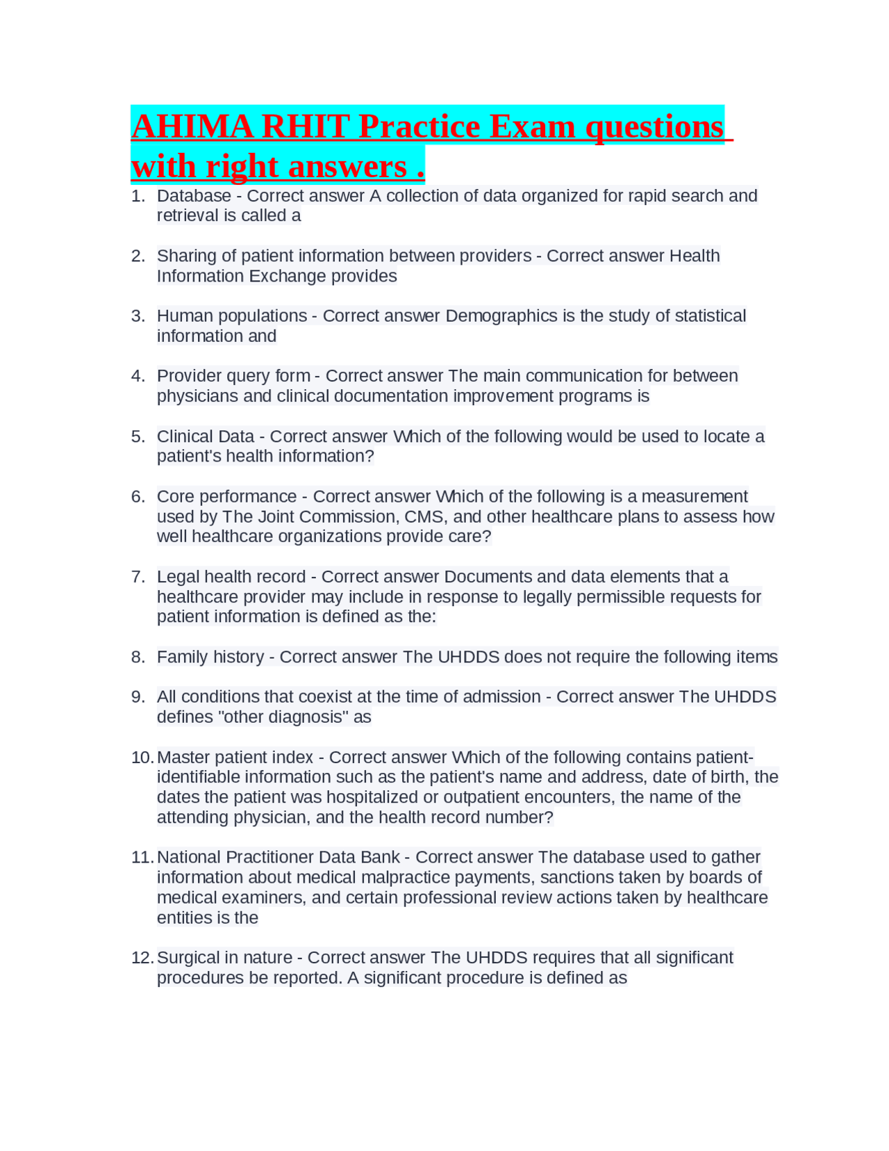 AHIMA RHIT Practice Exam questions with right answers . | Exams Advanced Data Analysis | Docsity