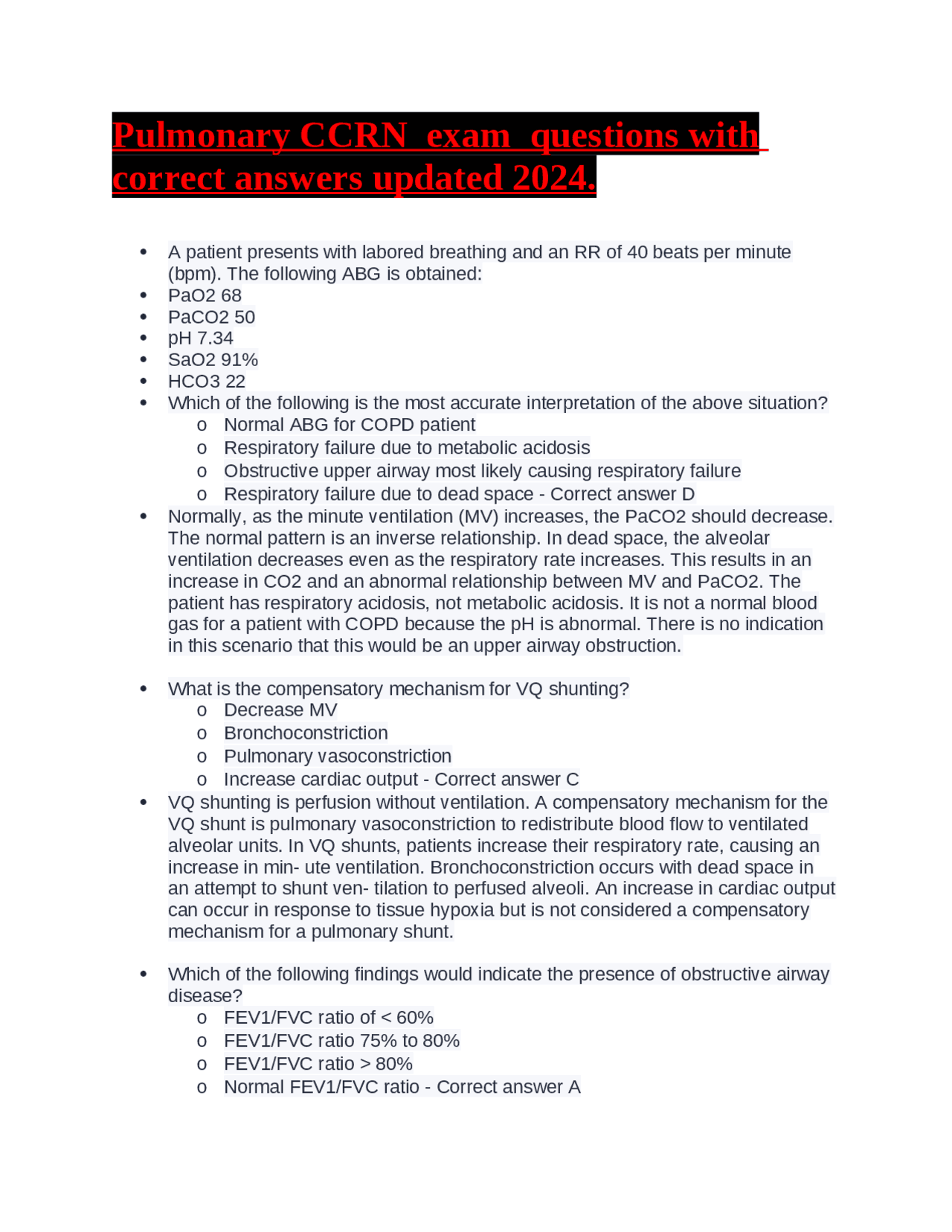 Pulmonary CCRN exam questions with correct answers updated 2024 ...