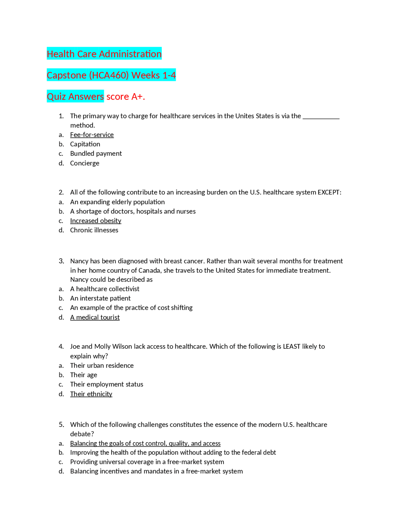 Health Care Administration Capstone Quiz Answers | Exams Nursing | Docsity