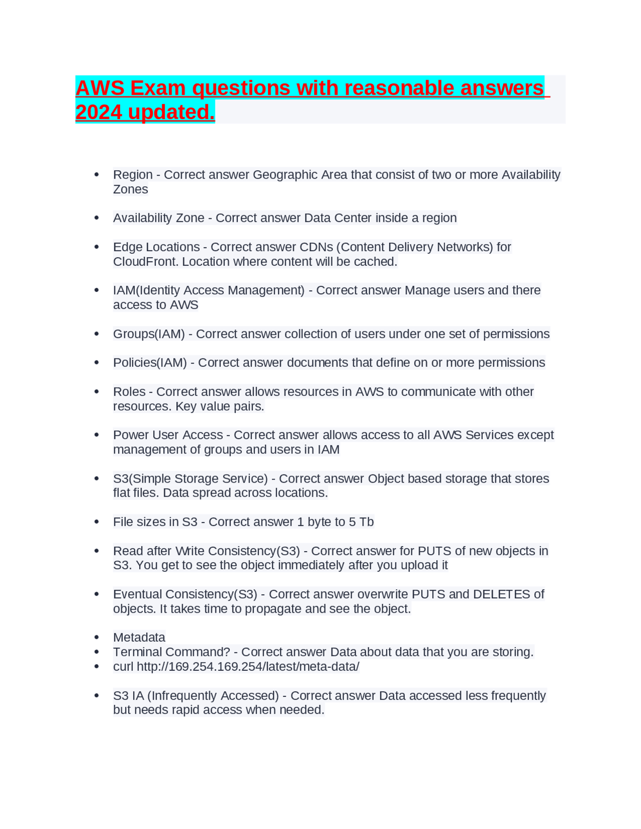 AWS Exam questions with reasonable answers 2024 updated. | Exams ...