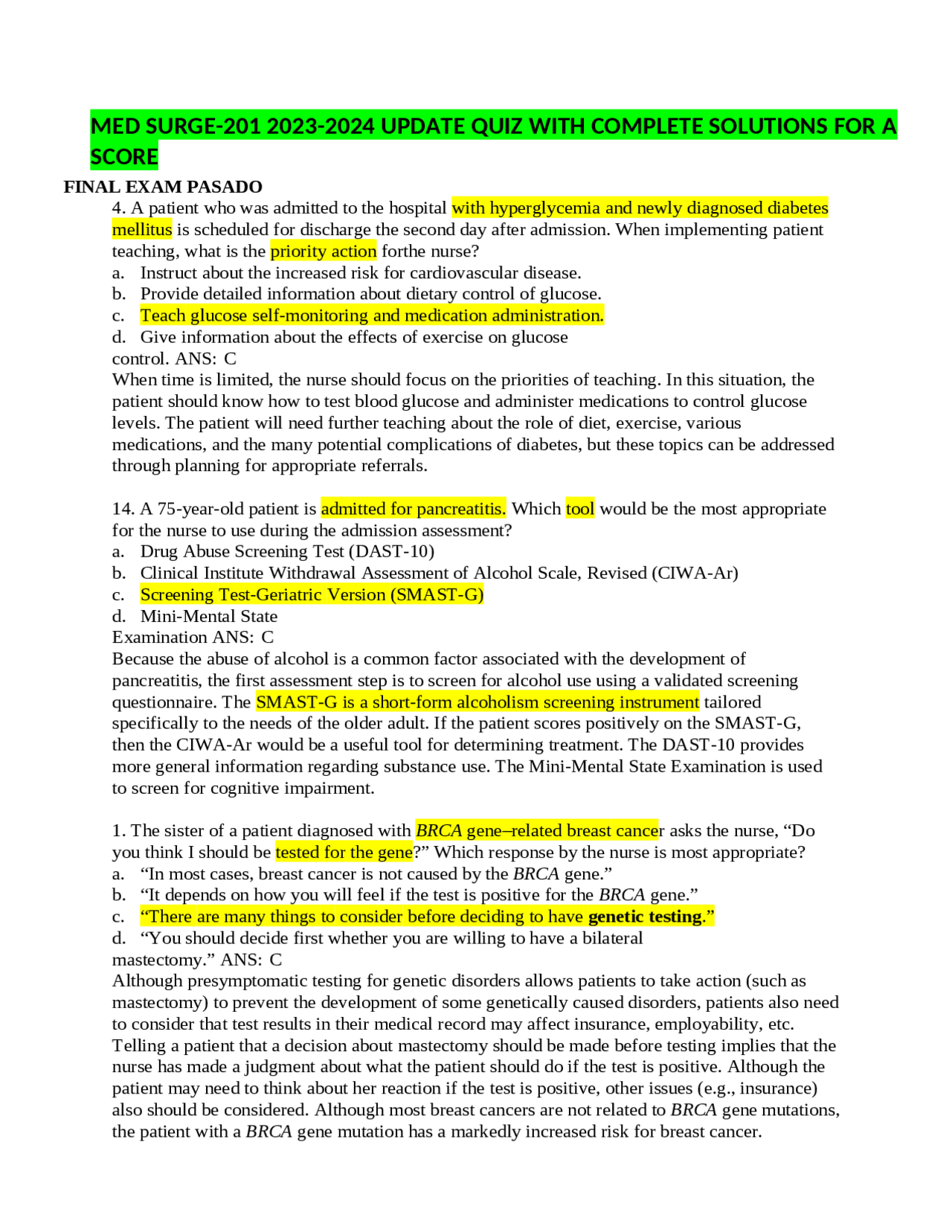 MED SURGE-201 2023-2024 UPDATE QUIZ WITH COMPLETE SOLUTIONS FOR A SCORE ...