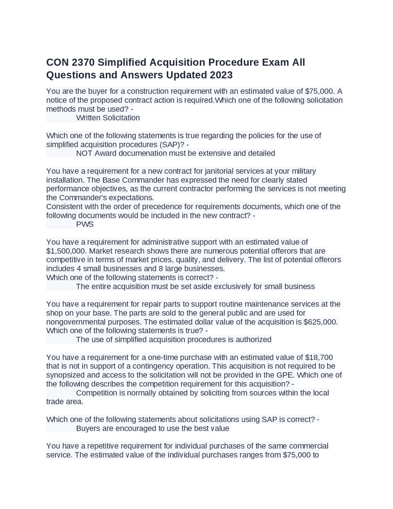 CON 2370 Simplified Acquisition Procedure Exam All Questions and ...