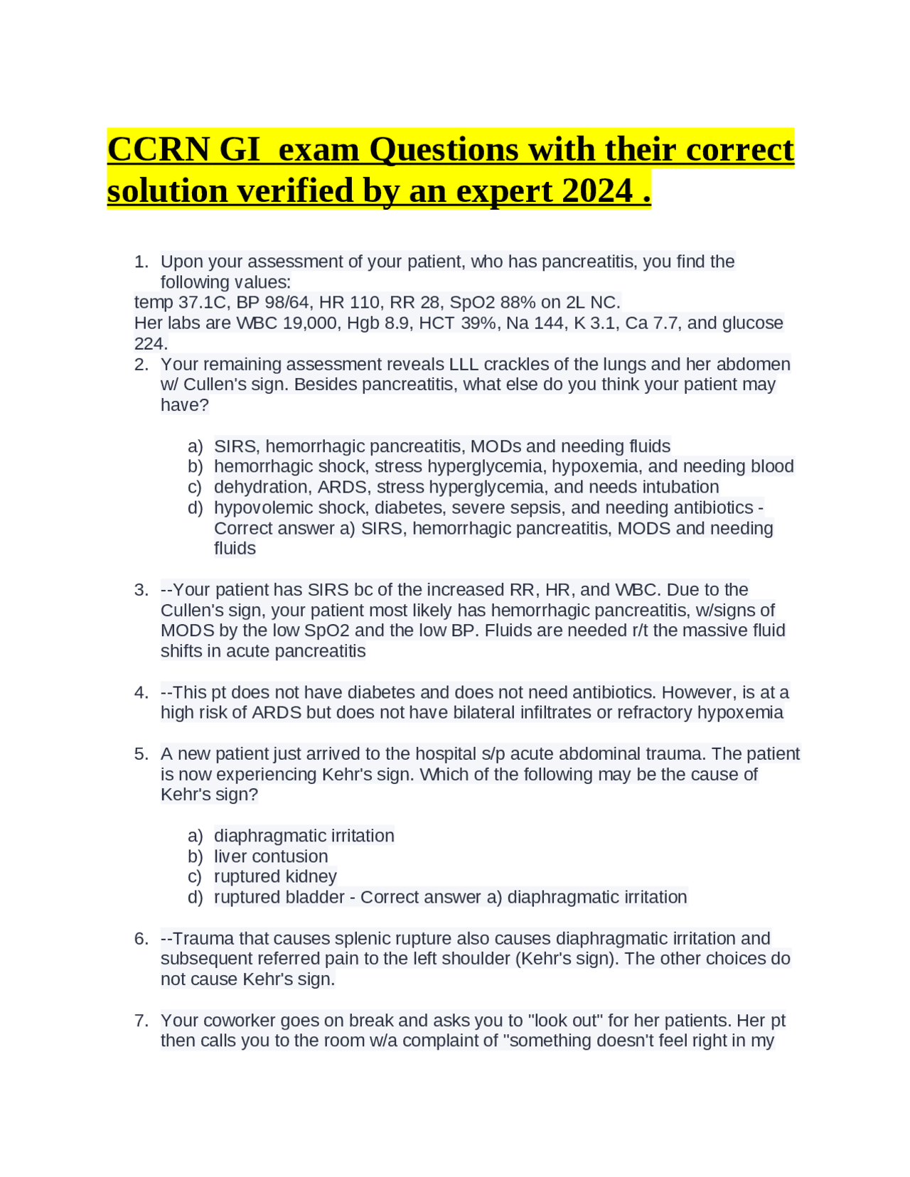 CCRN GI exam Questions with their correct solution verified by an ...