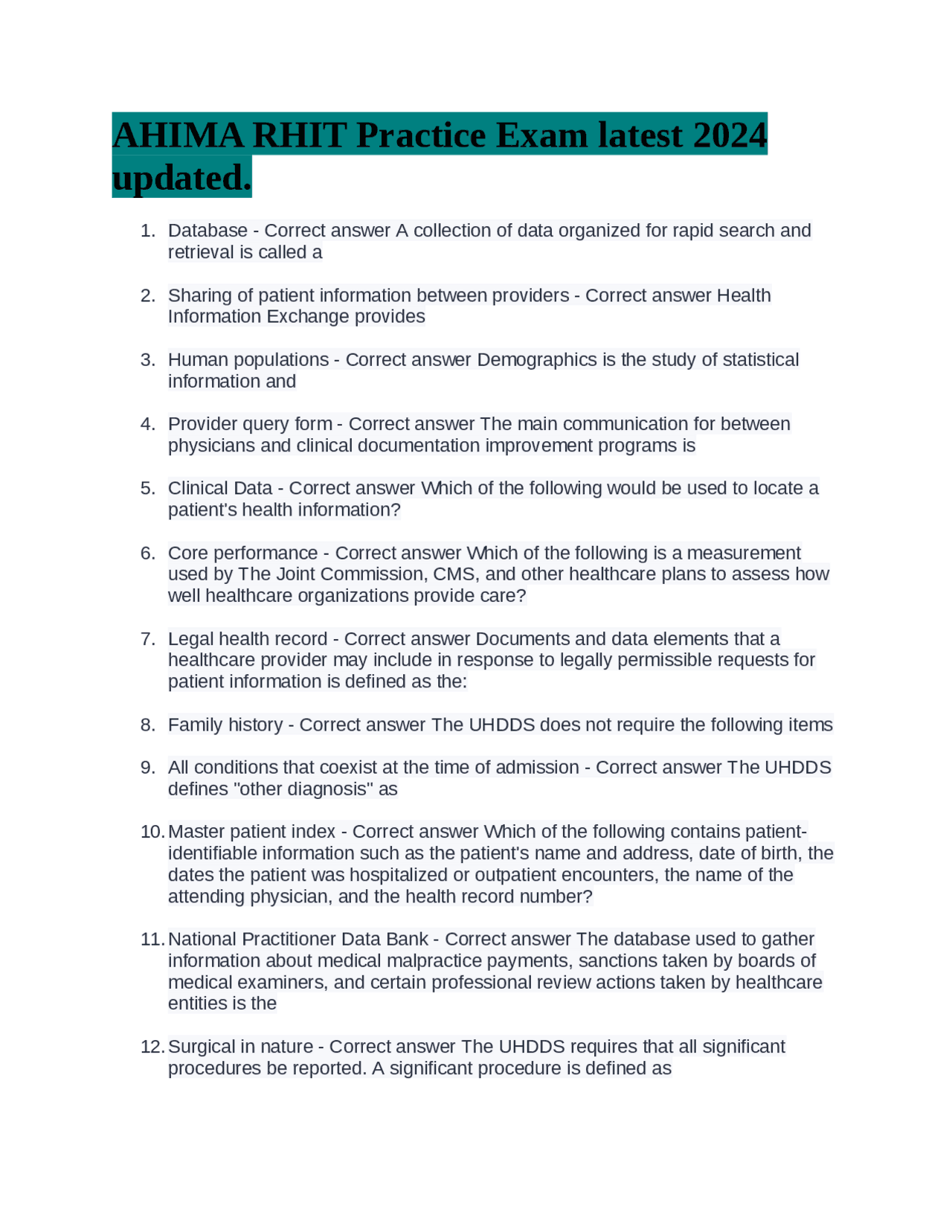 AHIMA RHIT Practice Exam latest 2024 updated. | Exams Advanced Data ...