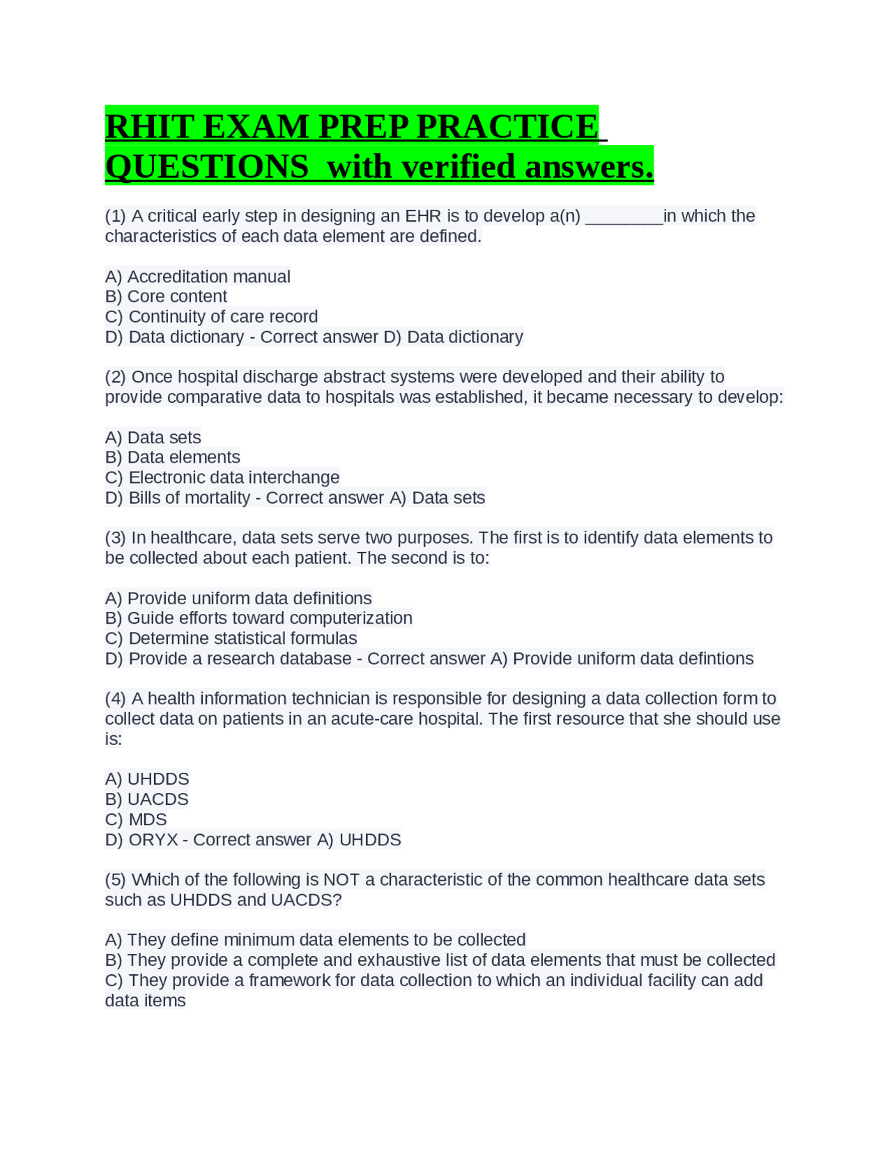 RHIT EXAM PREP PRACTICE QUESTIONS with verified answers. | Exams ...