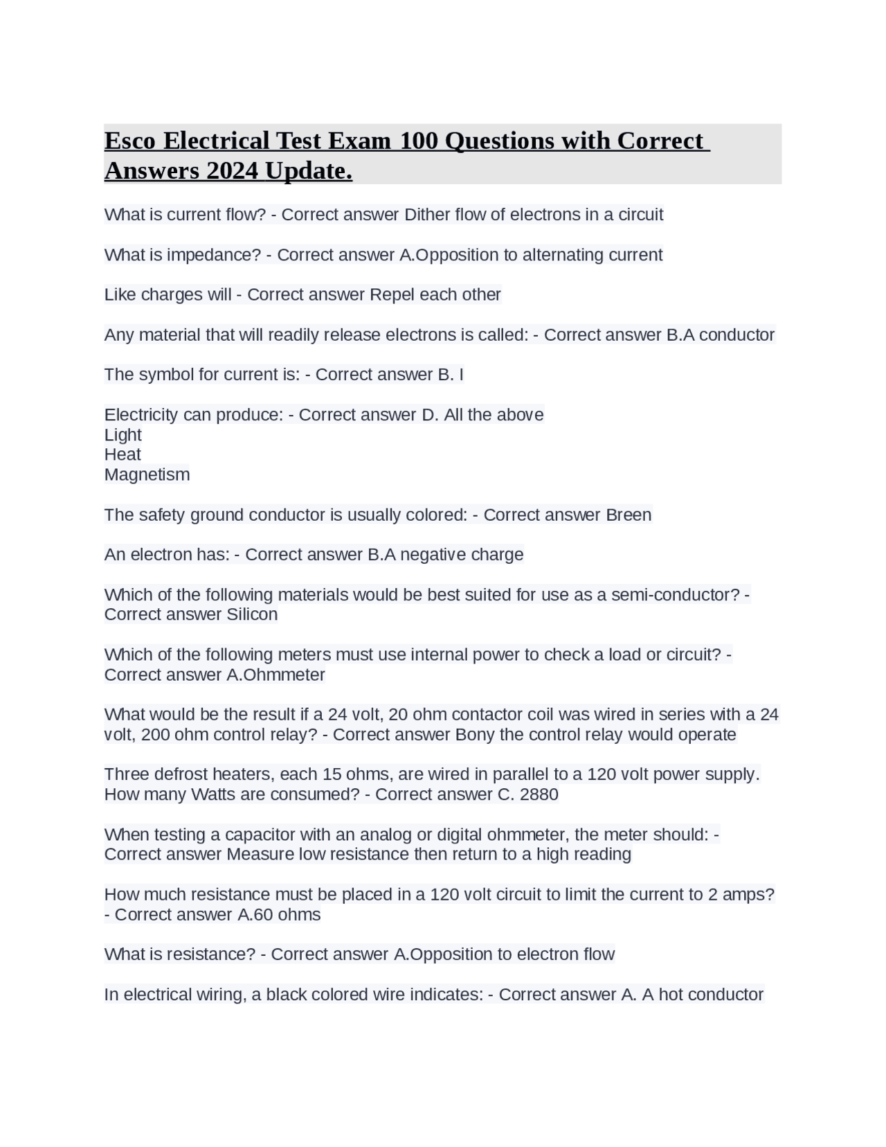 Esco Electrical Test Exam 100 Questions with Correct Answers 2024 ...