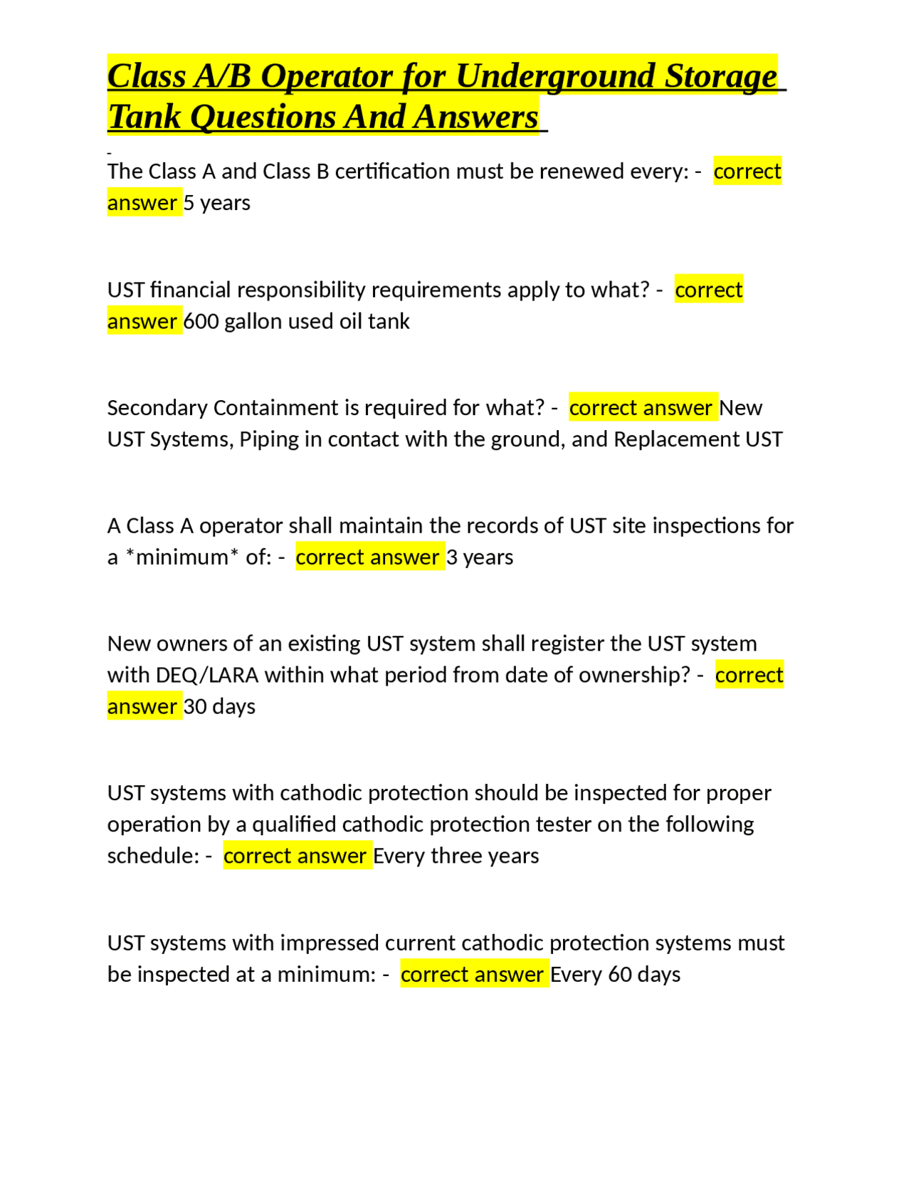Class A/B Operator for Underground Storage Tank Questions And Answers ...