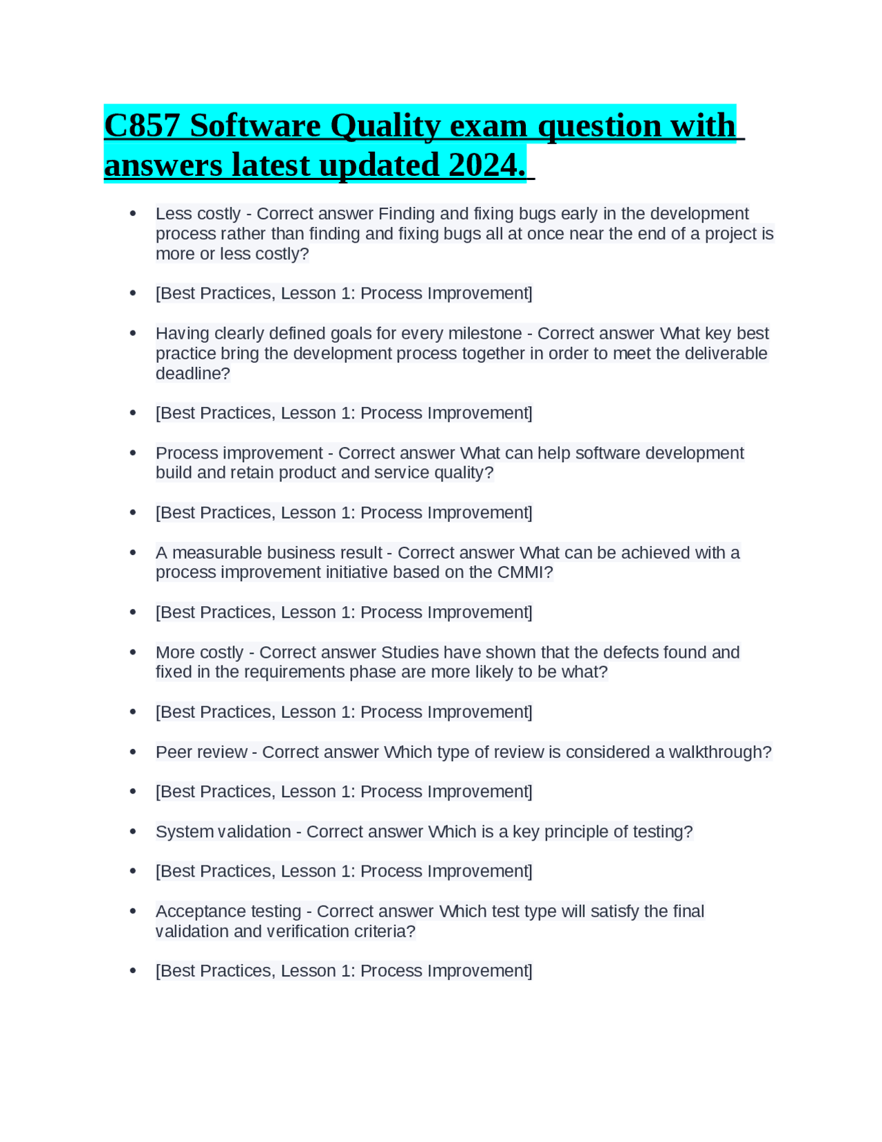 C857 Software Quality exam question with answers latest updated 2024 ...