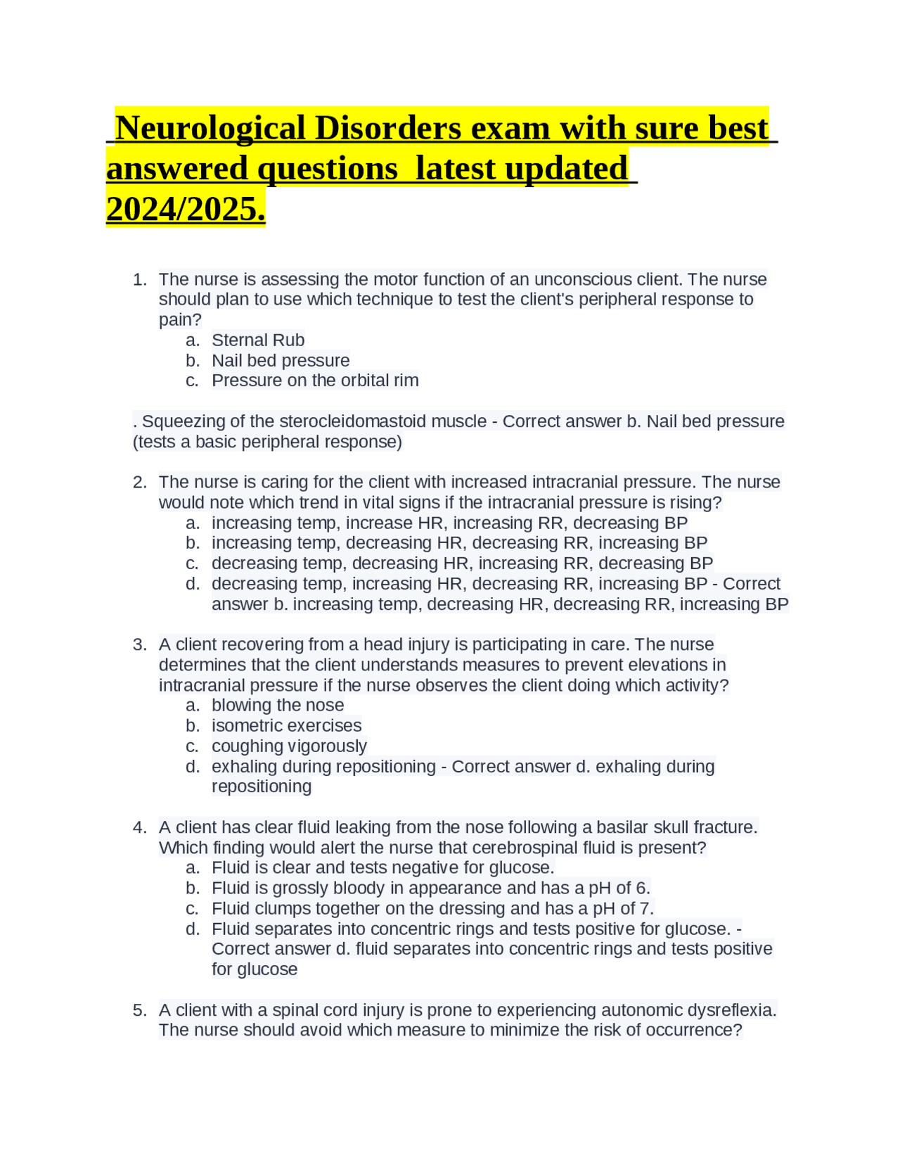 Neurological Disorders exam with sure best answered questions latest ...