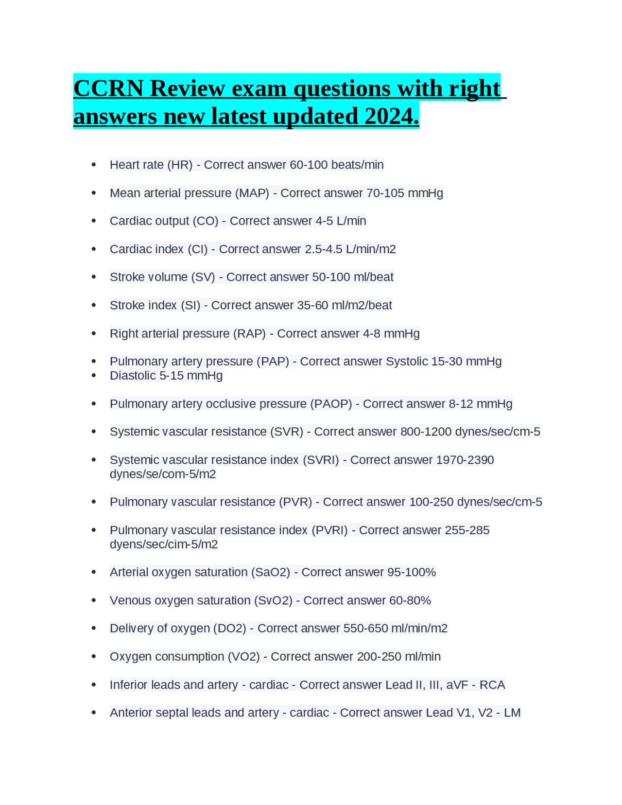 CCRN Review exam questions with right answers new latest updated 2024 ...