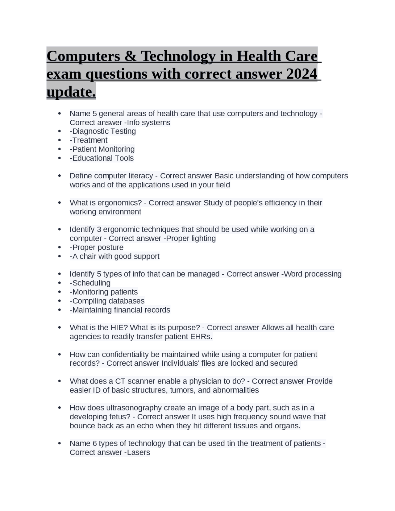 Computers & Technology in Health Care Exam Questions | Exams Information Systems | Docsity