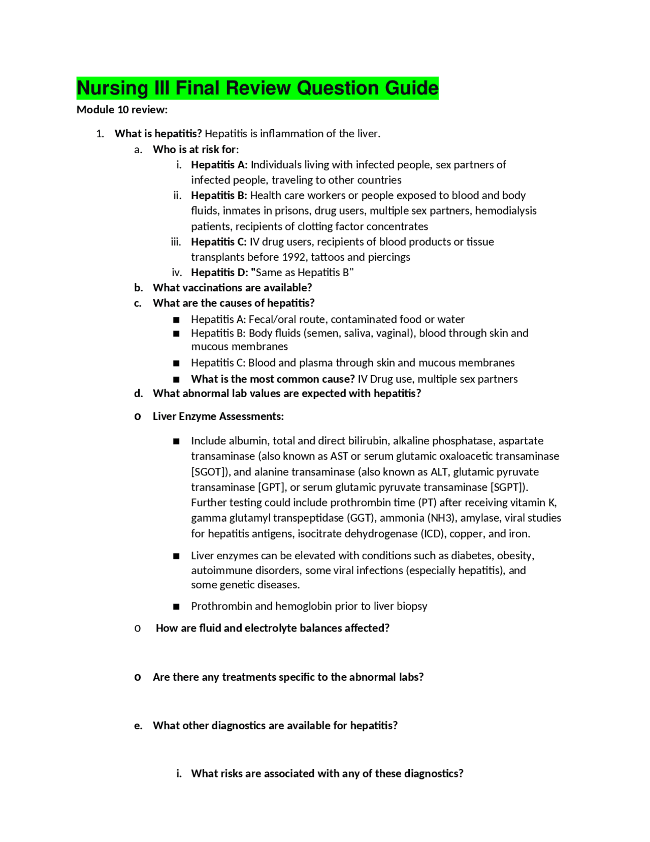 Nursing III Final Review Question Guide | Exams Nursing | Docsity