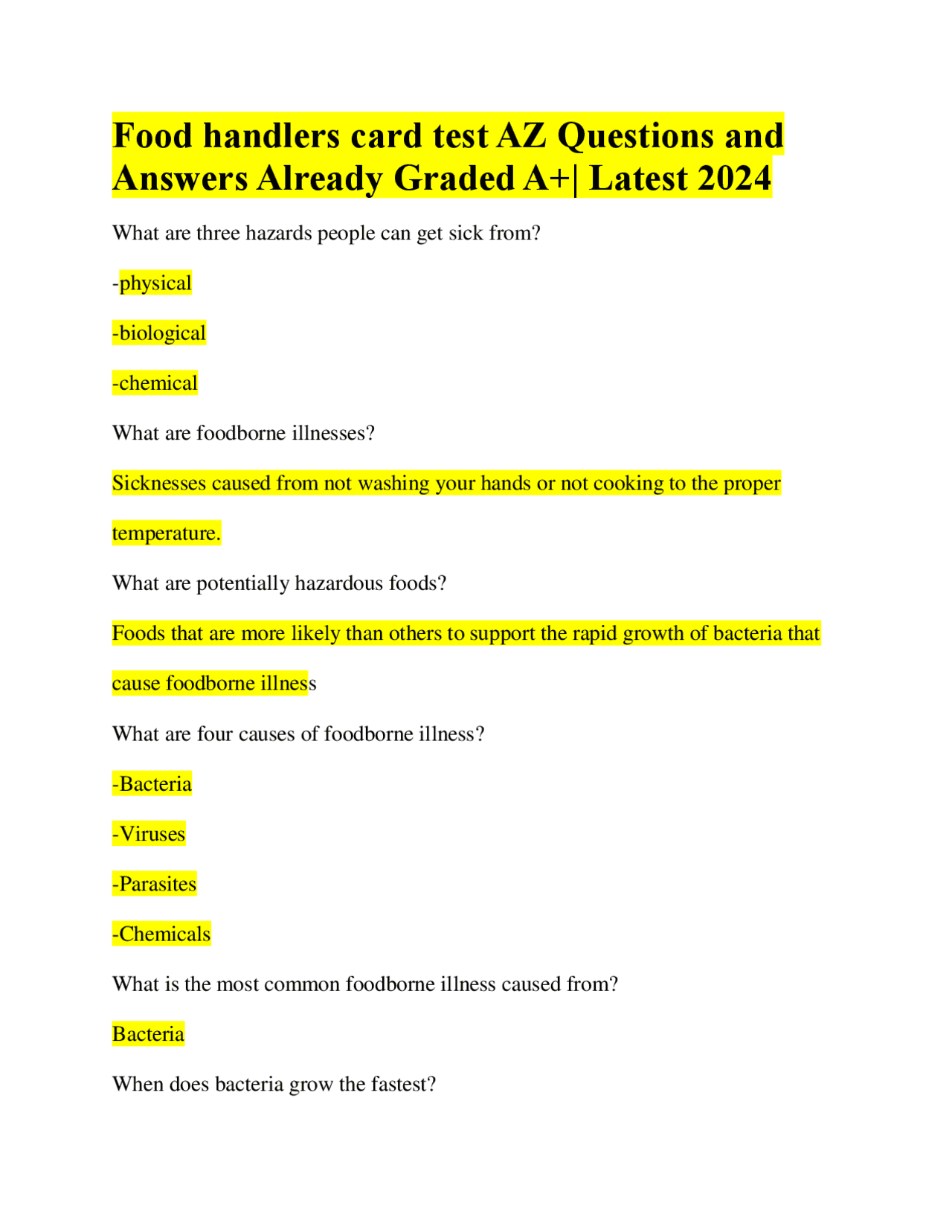 Food handlers card test AZ Questions and Answers Already Graded A+ ...