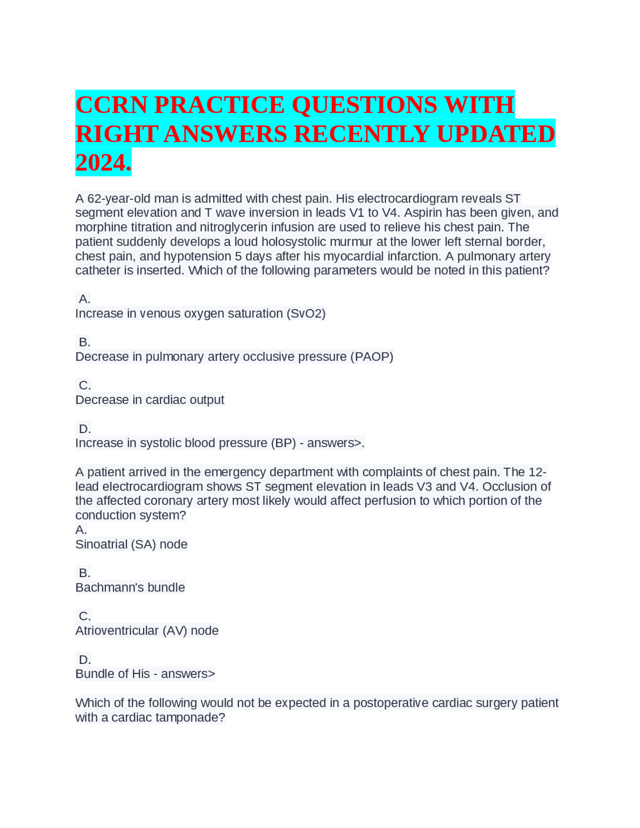 CCRN PRACTICE QUESTIONS WITH RIGHT ANSWERS RECENTLY UPDATED 2024 ...