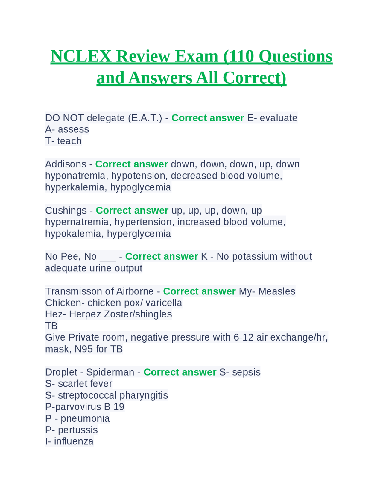 NCLEX Review Exam (110 Questions and Answers All Correct) | Exams ...
