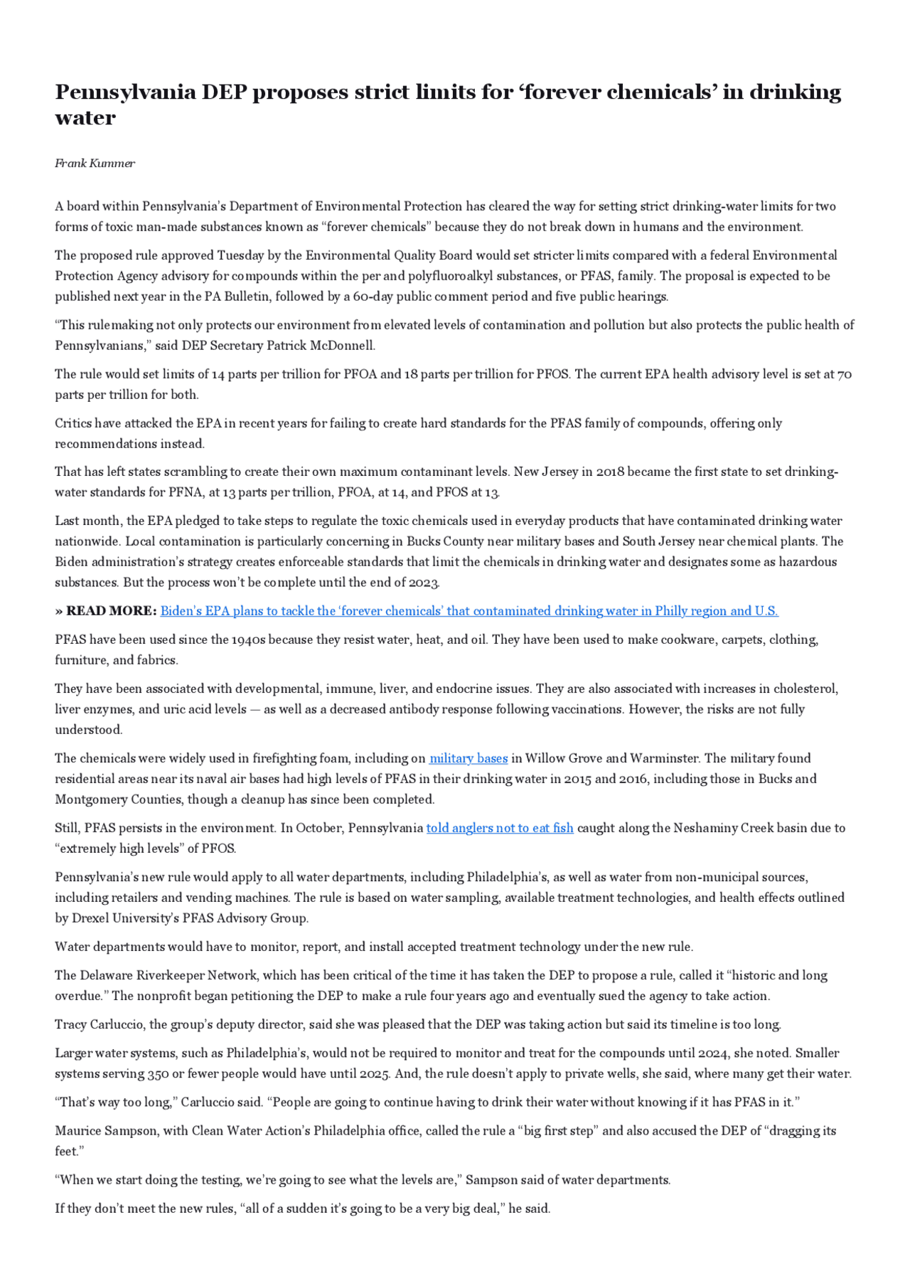 Frank Kummer - Pennsylvania DEP proposes strict limits for PFAS in ...