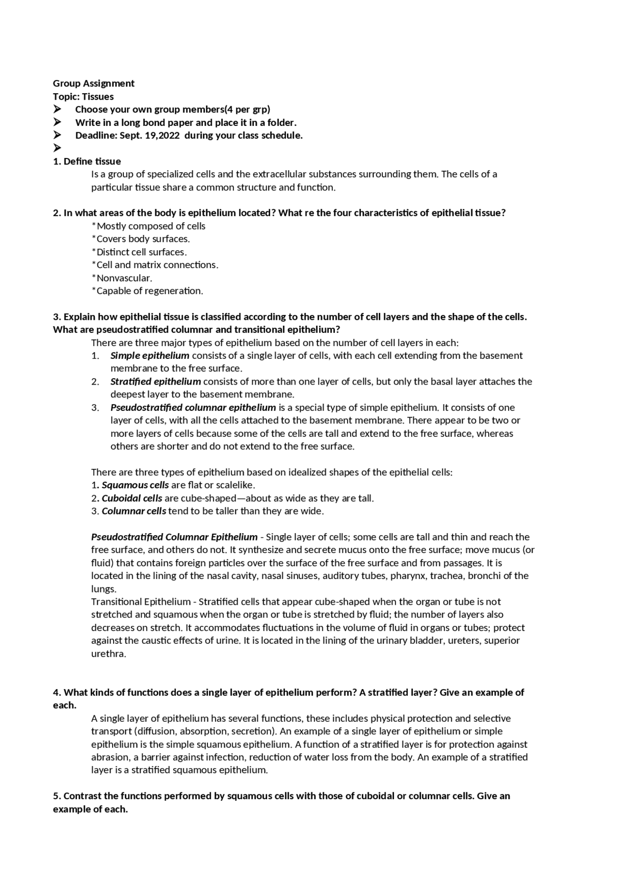 Tissue Level Group Activity | Study notes Anatomy | Docsity