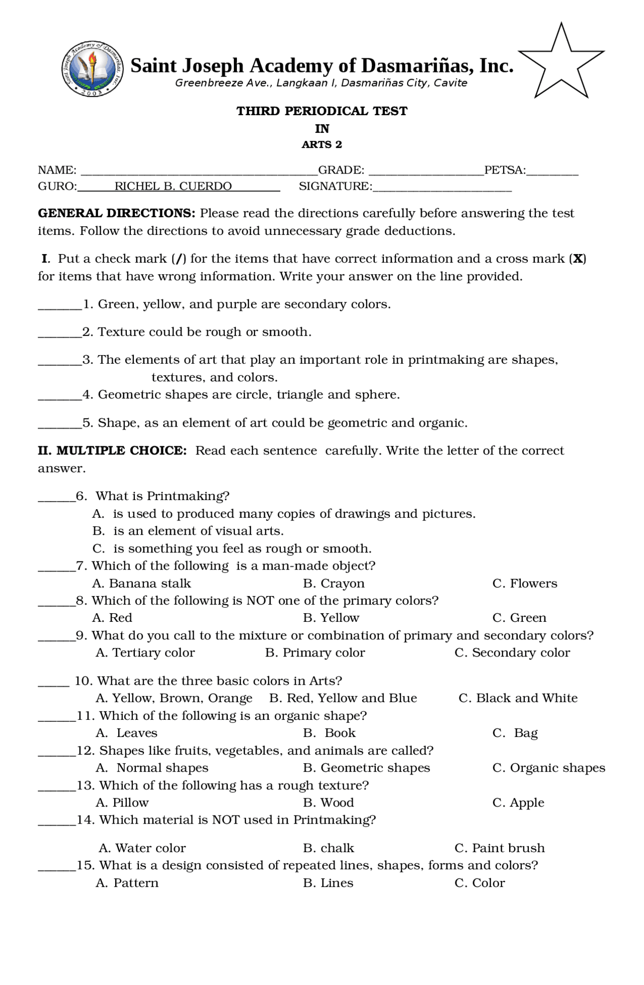Art Examination for grade 2 | Exams Visual Arts | Docsity