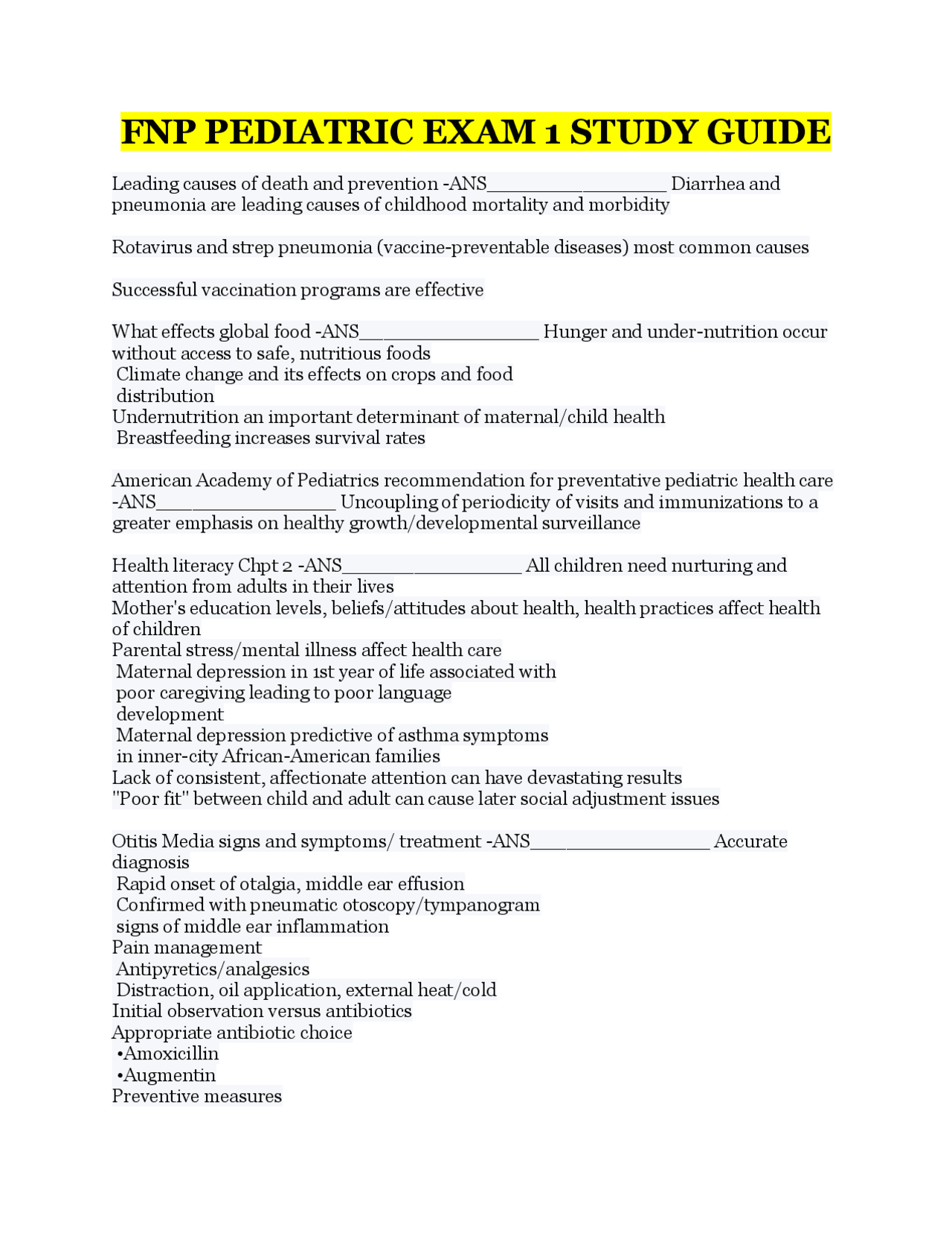 FNP PEDIATRIC EXAM 1 STUDY GUIDE | Exams Pediatrics | Docsity