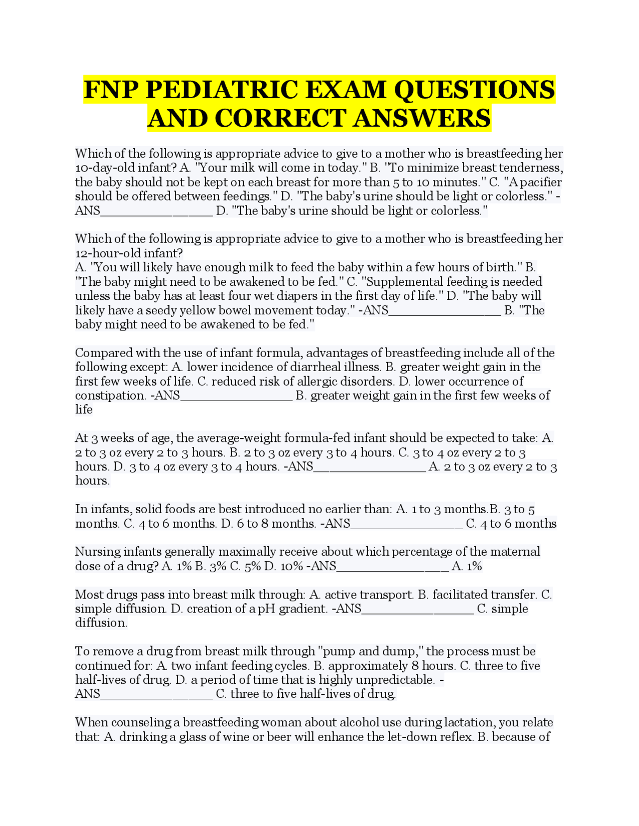 FNP PEDIATRIC EXAM QUESTIONS AND CORRECT ANSWERS | Exams Pediatrics ...