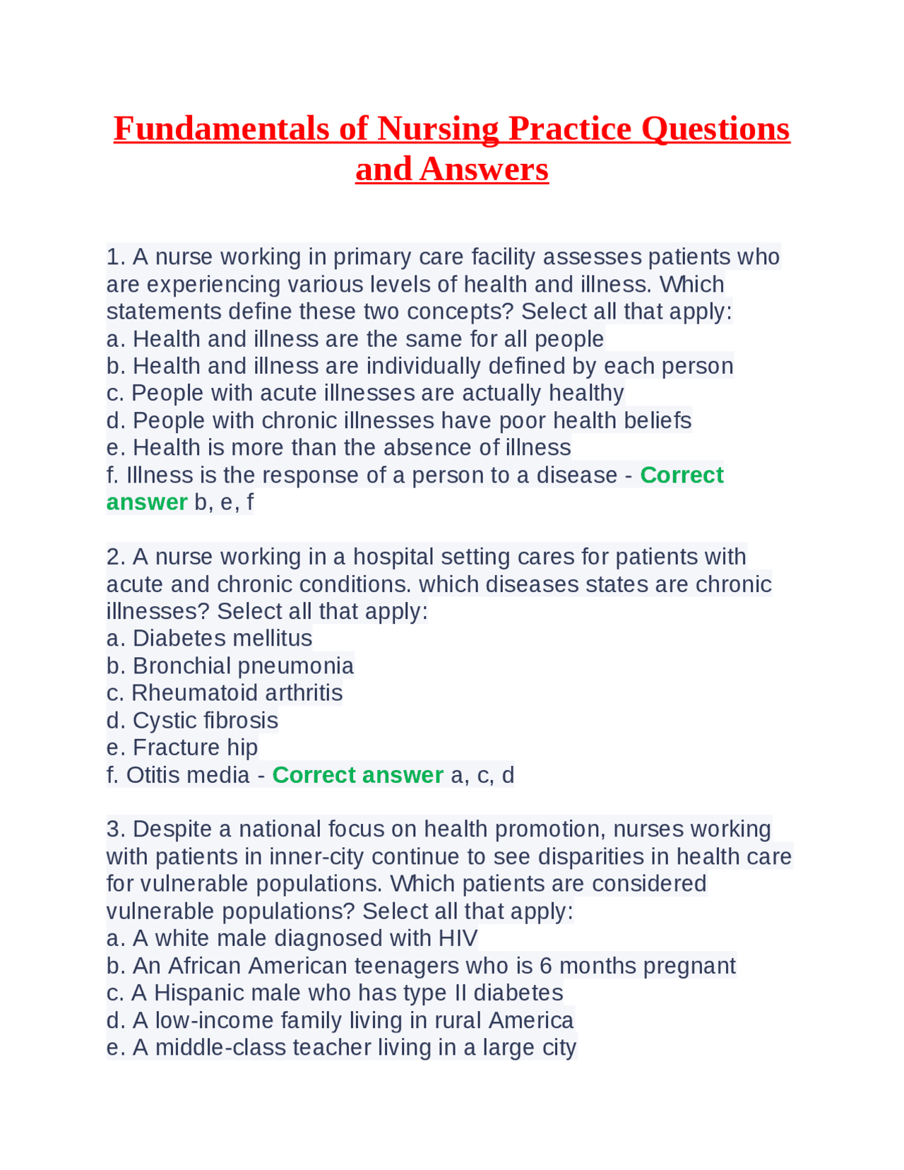 Fundamentals of Nursing Practice Questions and Answers | Exams Nursing | Docsity