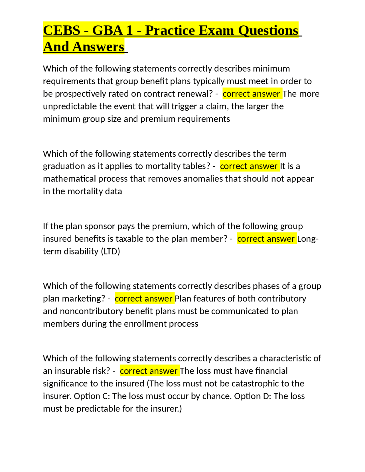 CEBS - GBA 1 - Practice Exam Questions And Answers | Exams Insurance ...