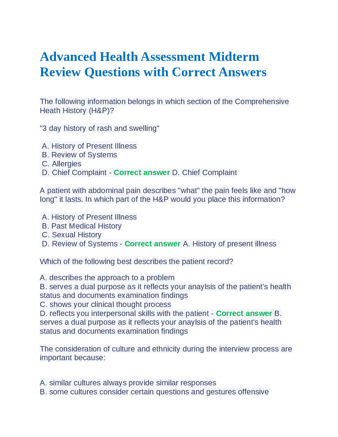 Advanced Health Assessment Midterm Review Questions with Correct ...