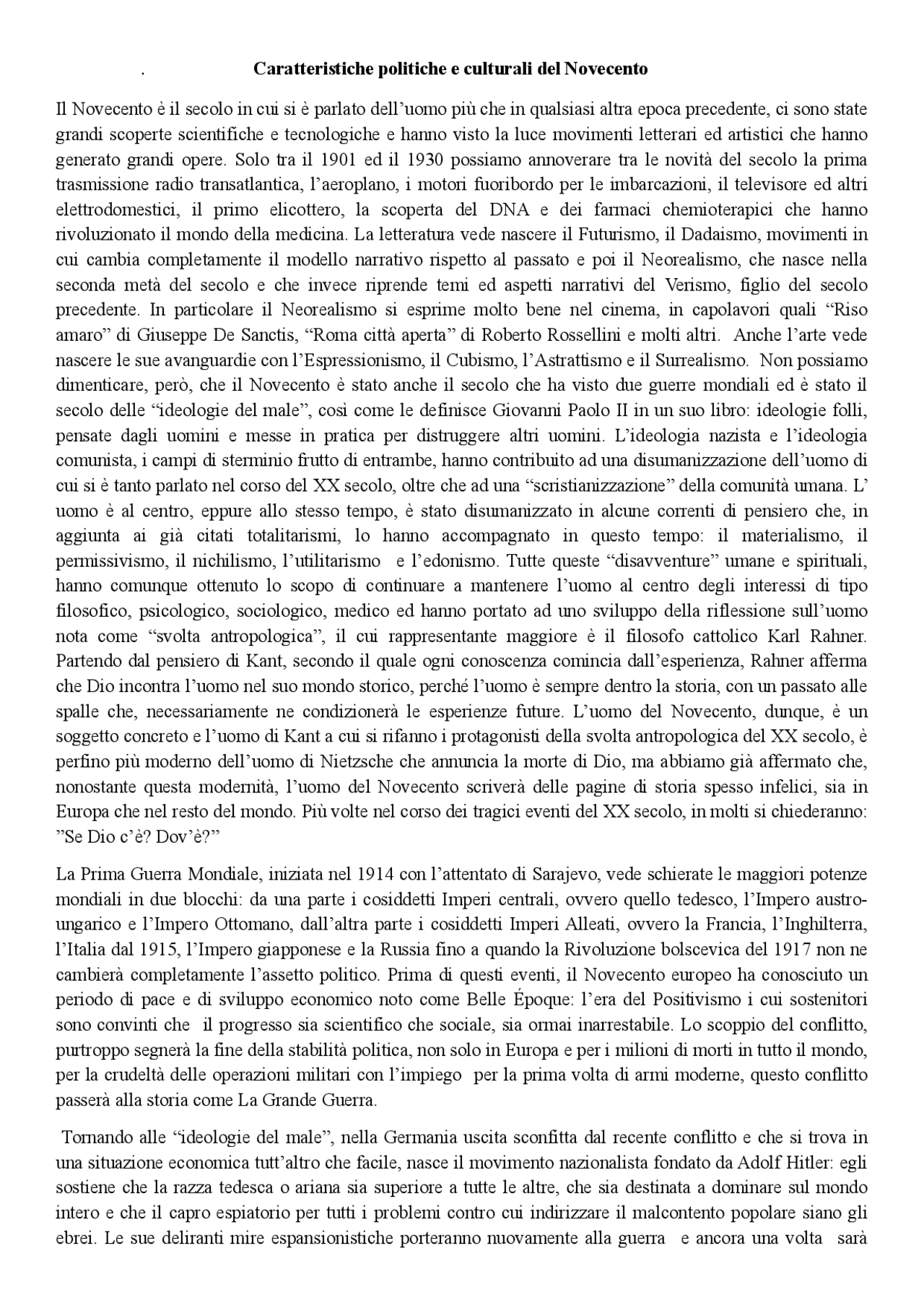 Tema storico sul novecento | Schemi e mappe concettuali di Storia | Docsity
