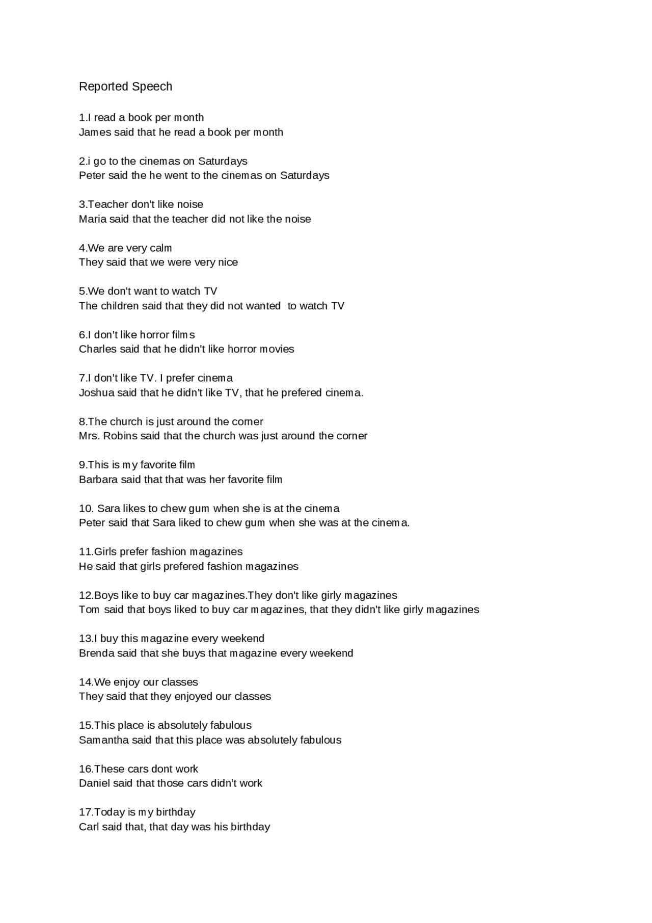 Reported Speech exercises with answers | Ejercicios de Inglés | Docsity