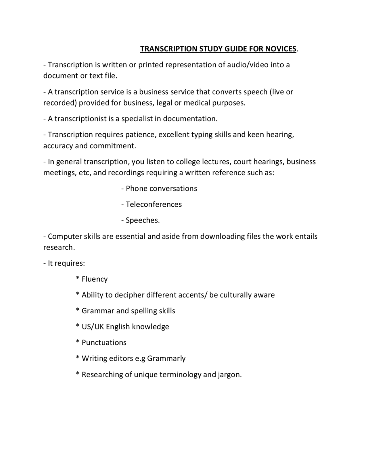 Transcription study guide. | Study Guides, Projects, Research Media Writing | Docsity