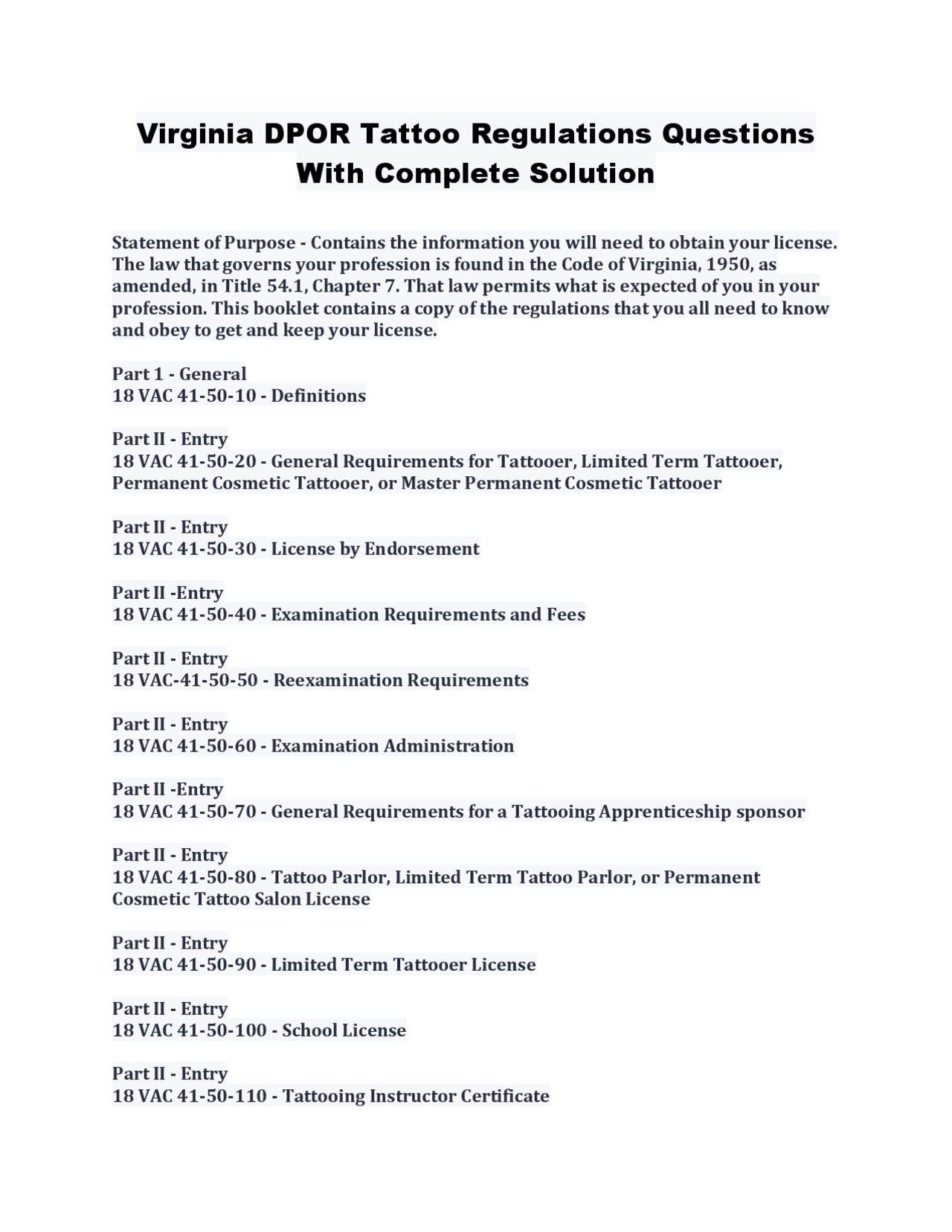 Virginia DPOR Tattoo Regulations Questions With Complete Solution ...