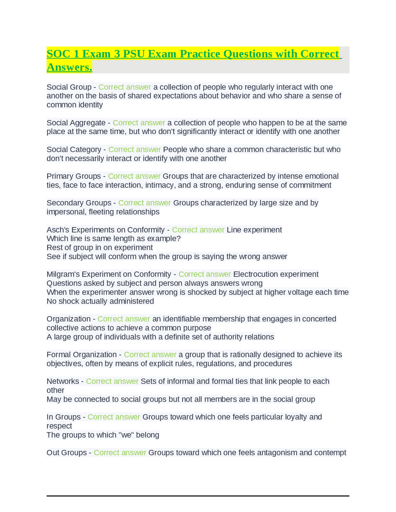 SOC 1 Exam 3 PSU Exam Practice Questions with Correct Answers. | Exams ...