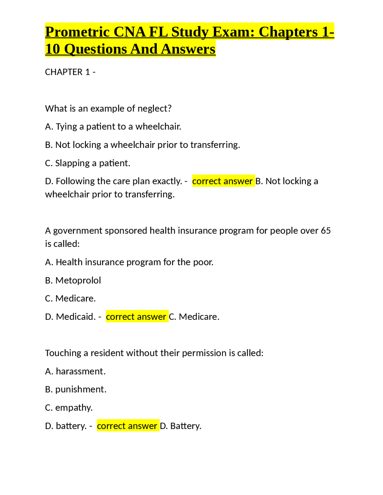 Prometric CNA FL Study Exam: Chapters 1-10 Questions And Answers ...