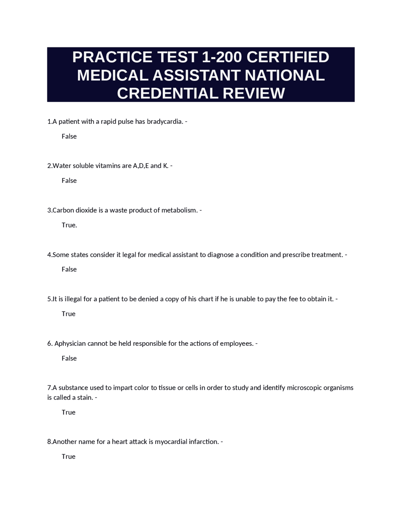 Practice Test for Certified Medical Assistant National Credential ...