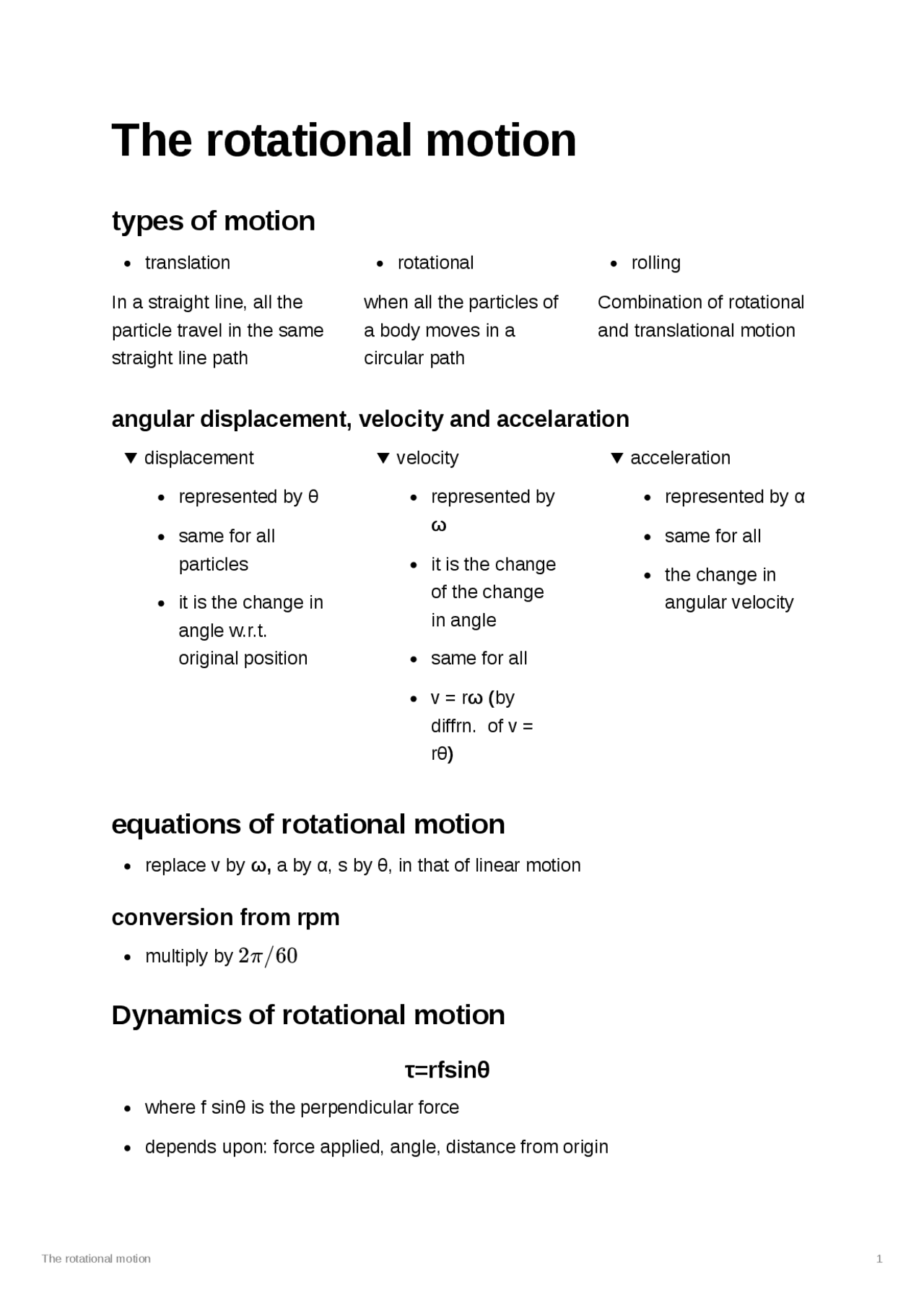 Rotational Motion | Summaries Physics | Docsity