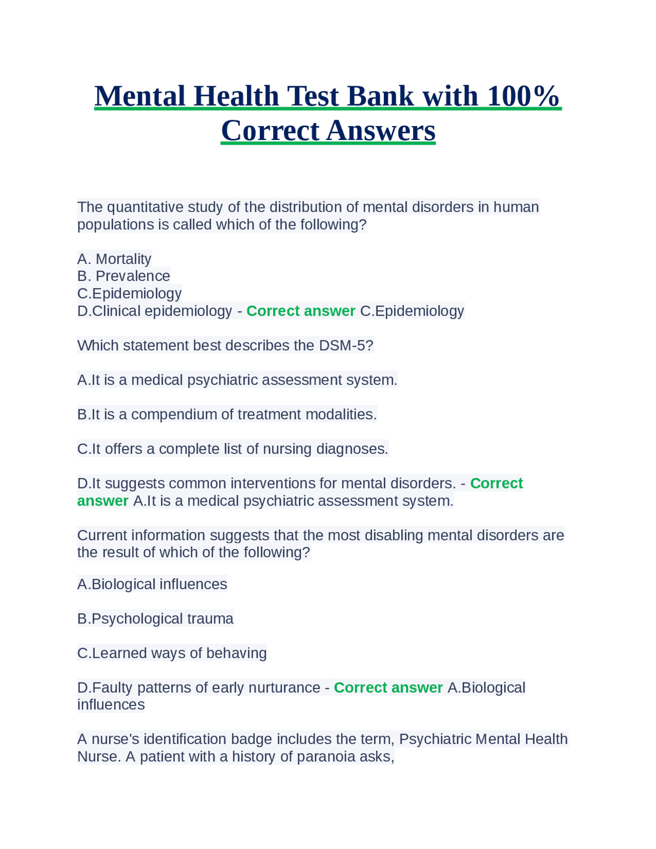 Mental Health Test Bank with 100% Correct Answers | Exams Health ...
