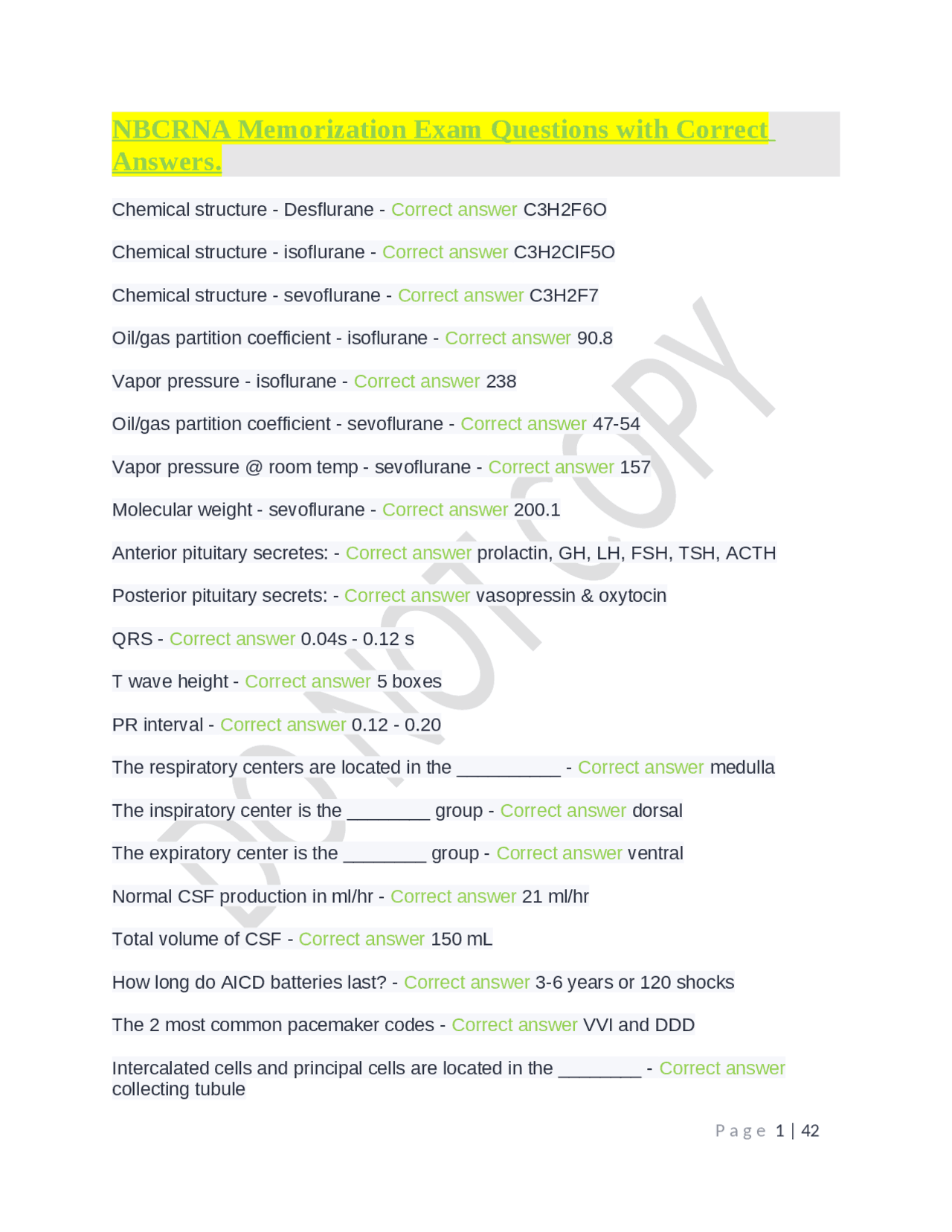 NBCRNA Memorization Exam Questions with Correct Answers. | Exams Community Corrections | Docsity