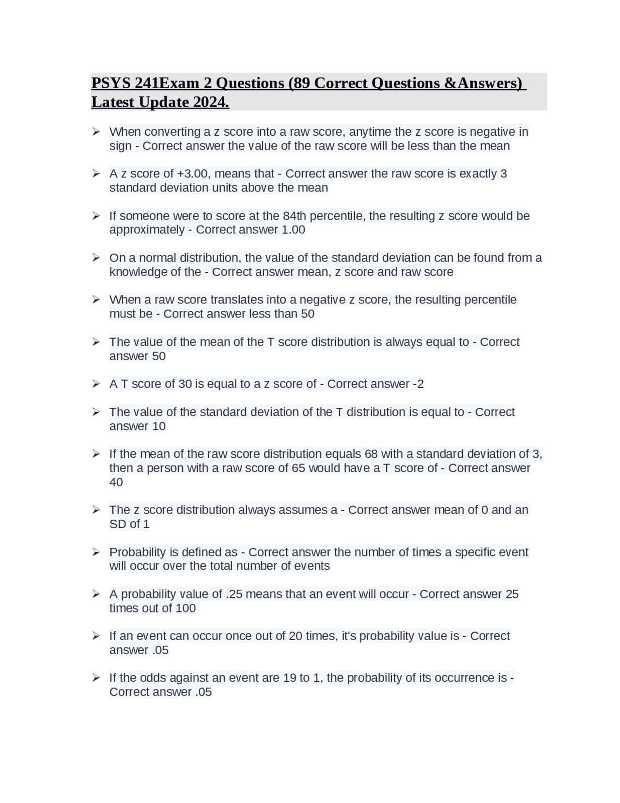 PSY241Exam 2 Questions (89 Correct Questions &Answers) Latest Update ...