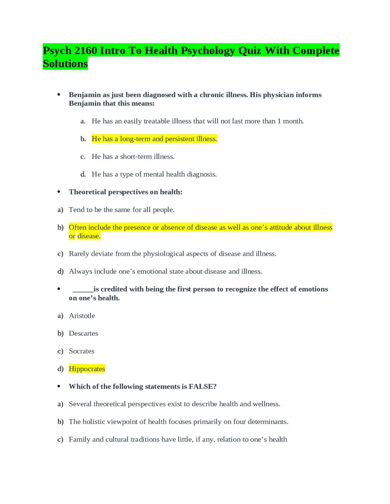 Psych 2160 Intro To Health Psychology Quiz With Complete Solutions ...