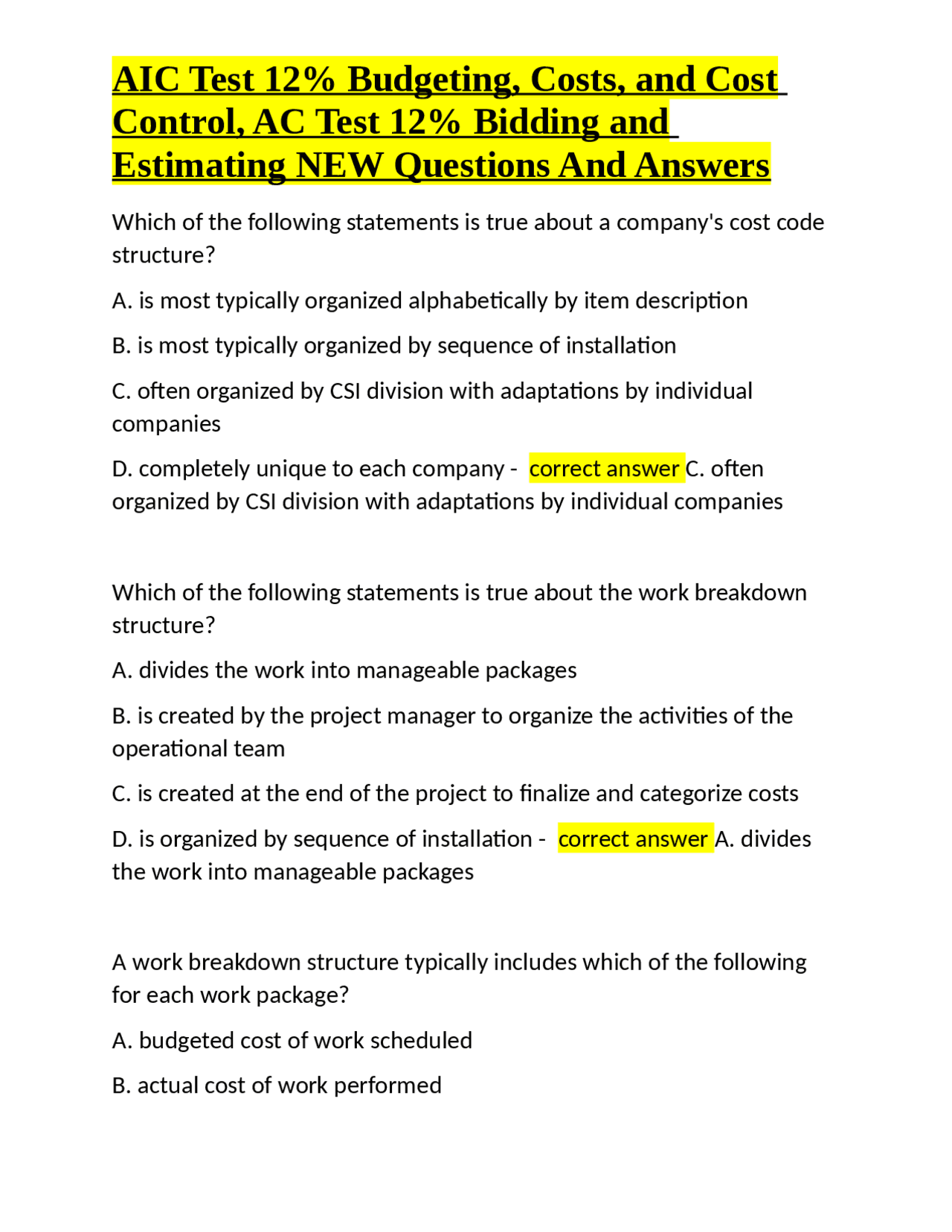 AIC Test 12% Budgeting, Costs, and Cost Control, AC Test 12% Bidding ...