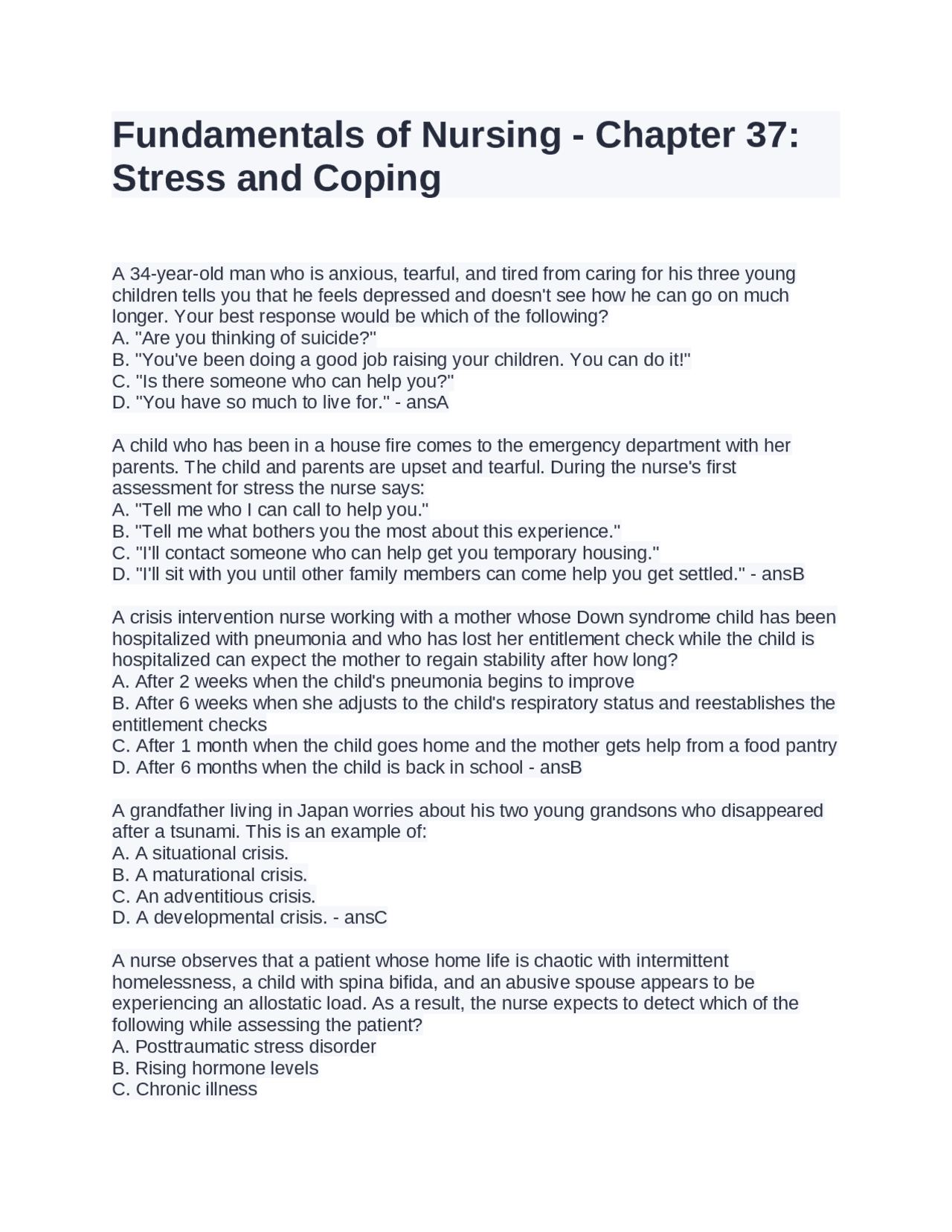 Stress and Coping in Nursing | Exams Nursing | Docsity