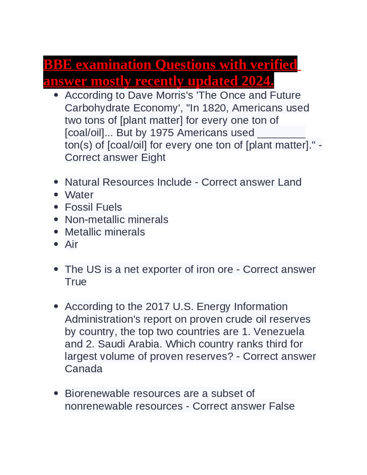 BBE examination Questions with verified answer mostly recently updated ...