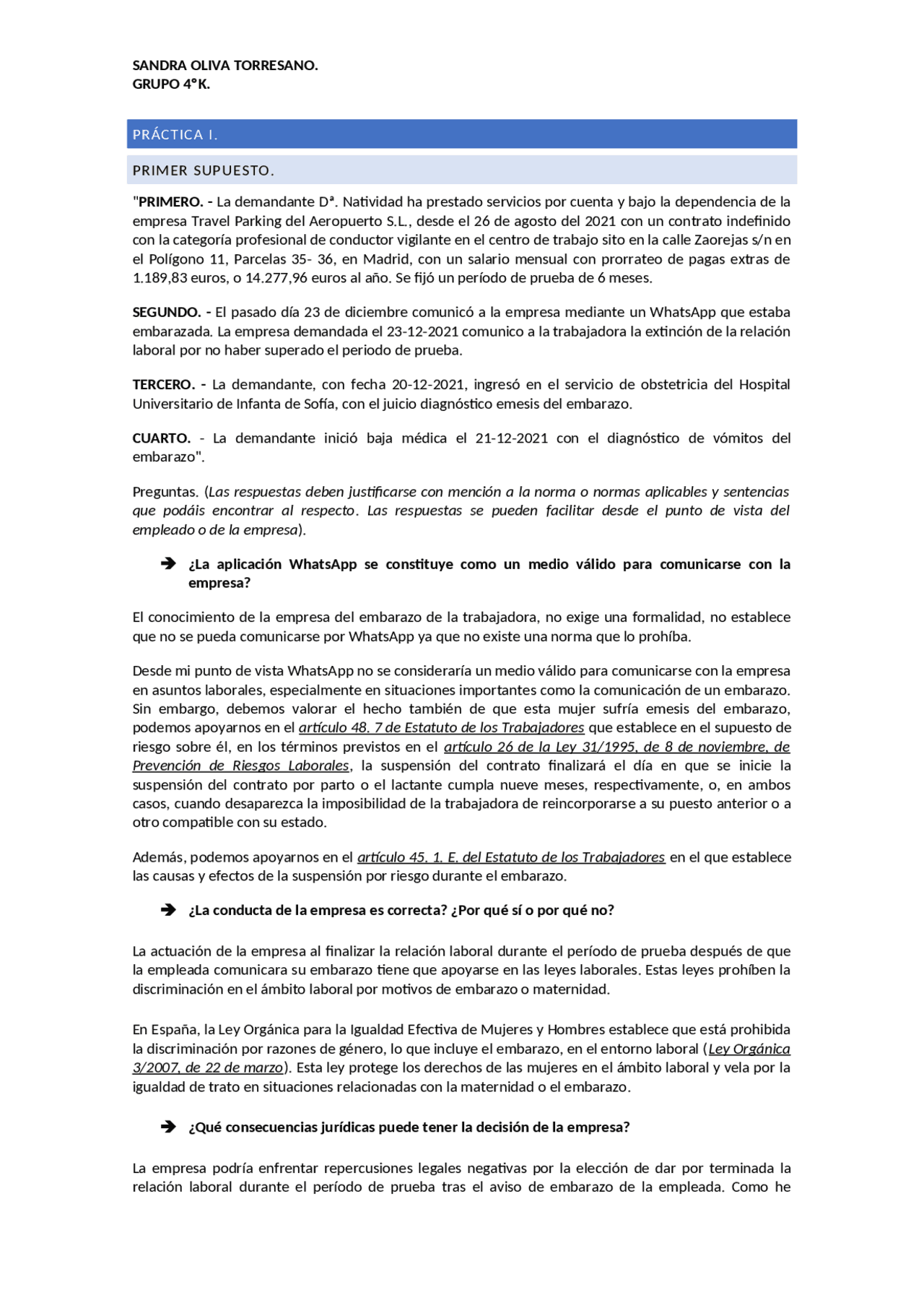 Práctica 1 Derecho Laboral | Ejercicios de Derecho Laboral | Docsity