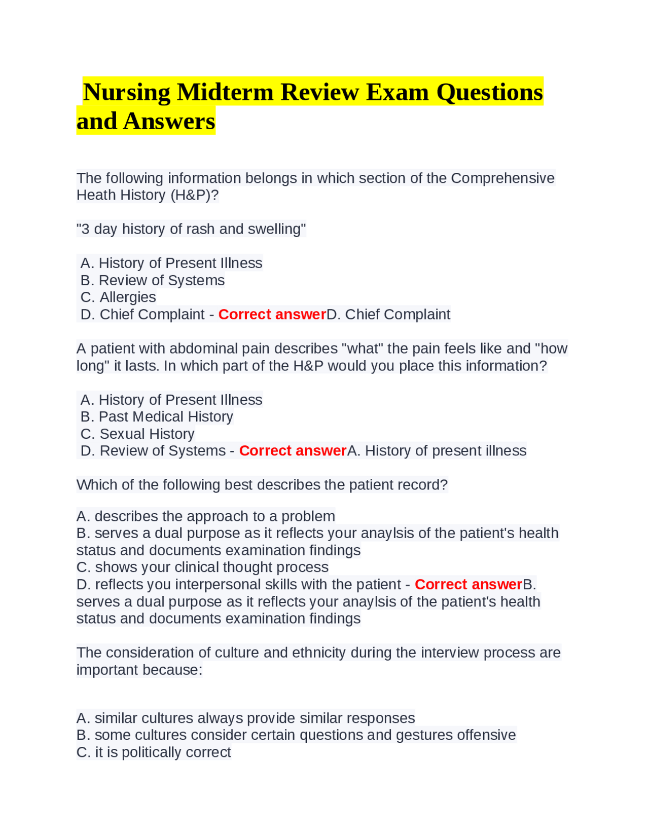 Nursing Midterm Review Exam Questions and Answers | Exams Nursing | Docsity