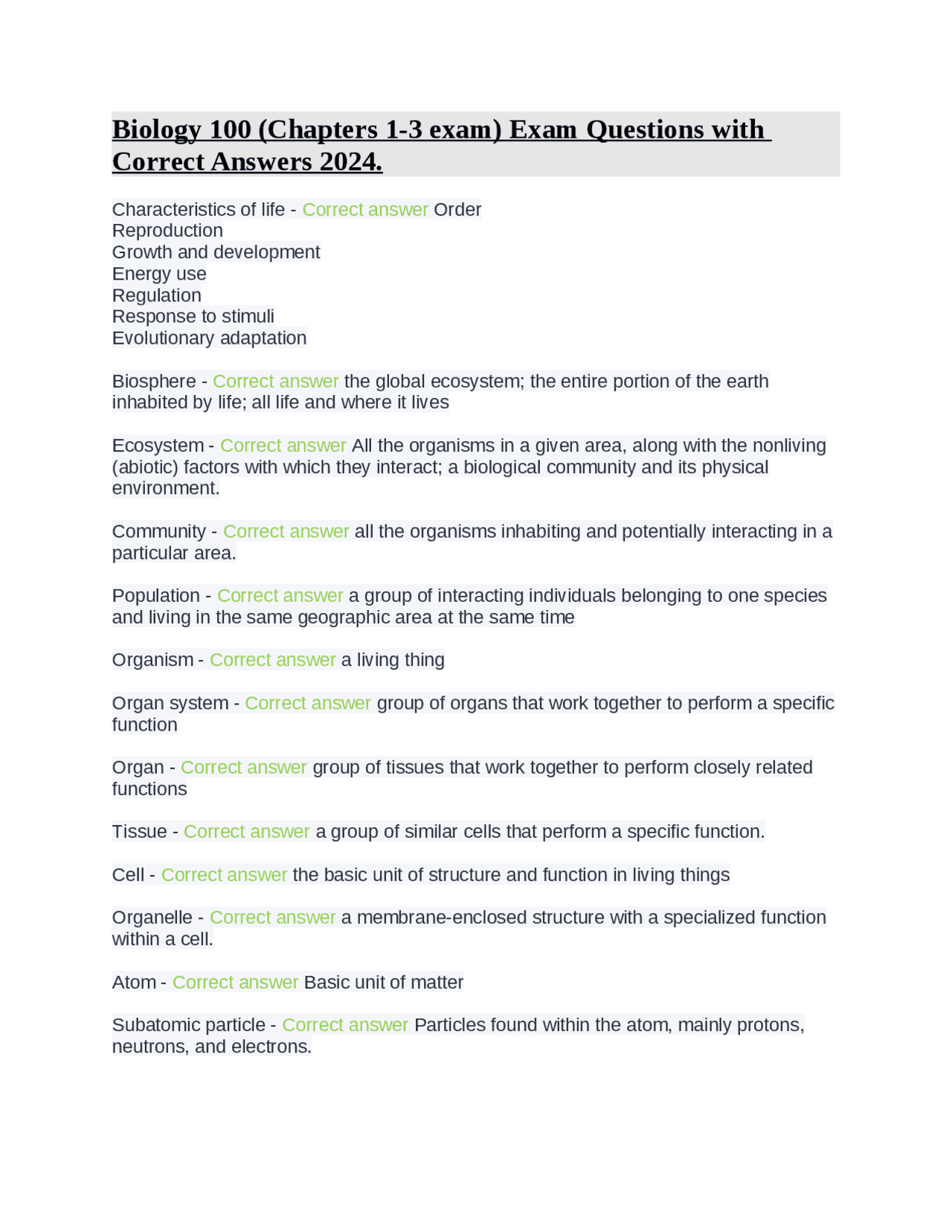 Biology 100 (Chapters 1-3 exam) Exam Questions with Correct Answers ...