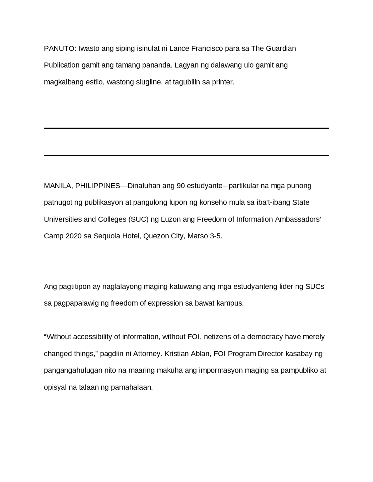 Copyreading in Filipino Journalism | Exercises Law | Docsity