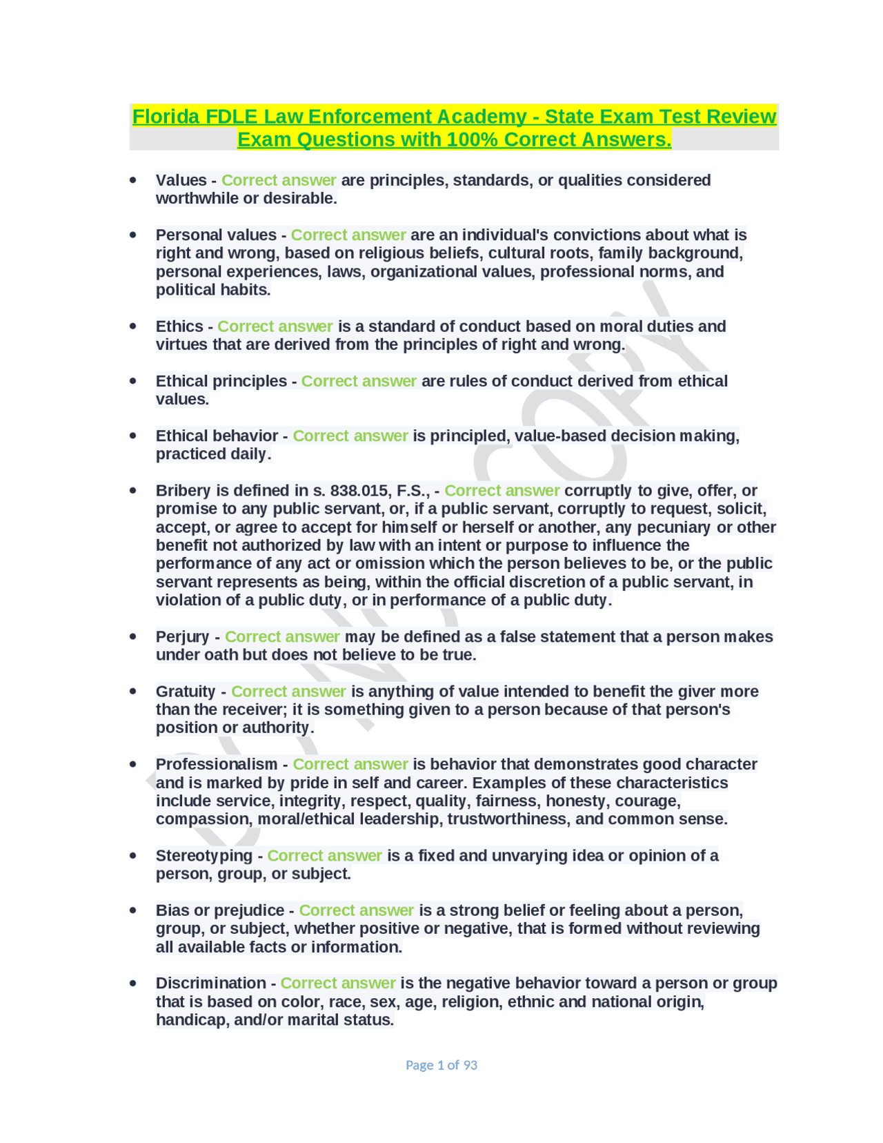 Florida FDLE Law Enforcement Academy - State Exam Test Review Exam ...